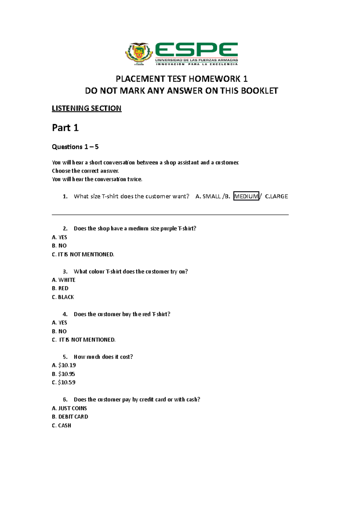 1. Placement TEST Homework 1 - PLACEMENT TEST HOMEWORK 1 DO NOT MARK ...