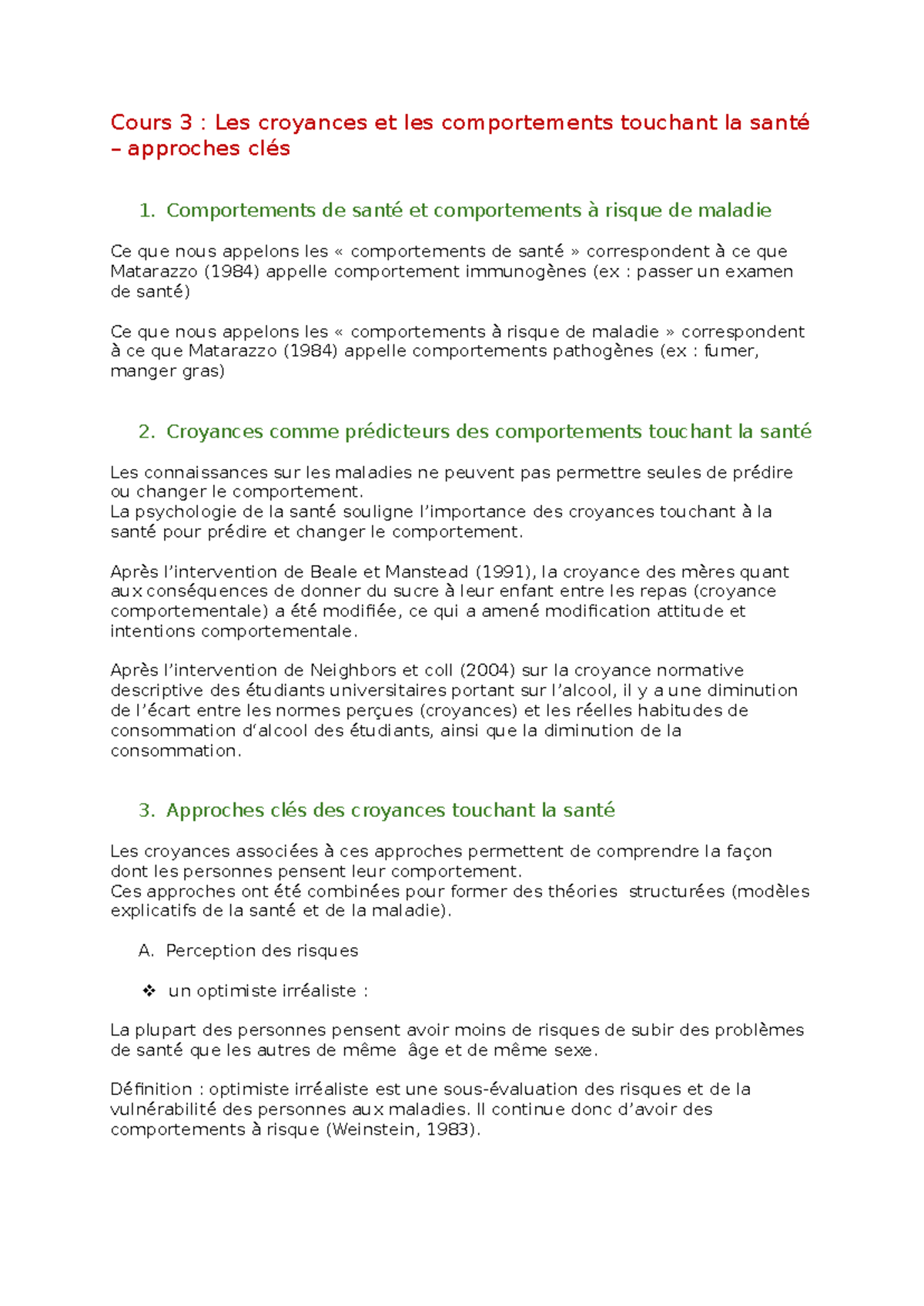 Cours 3 - Cours 3 : Les croyances et les comportements touchant la ...