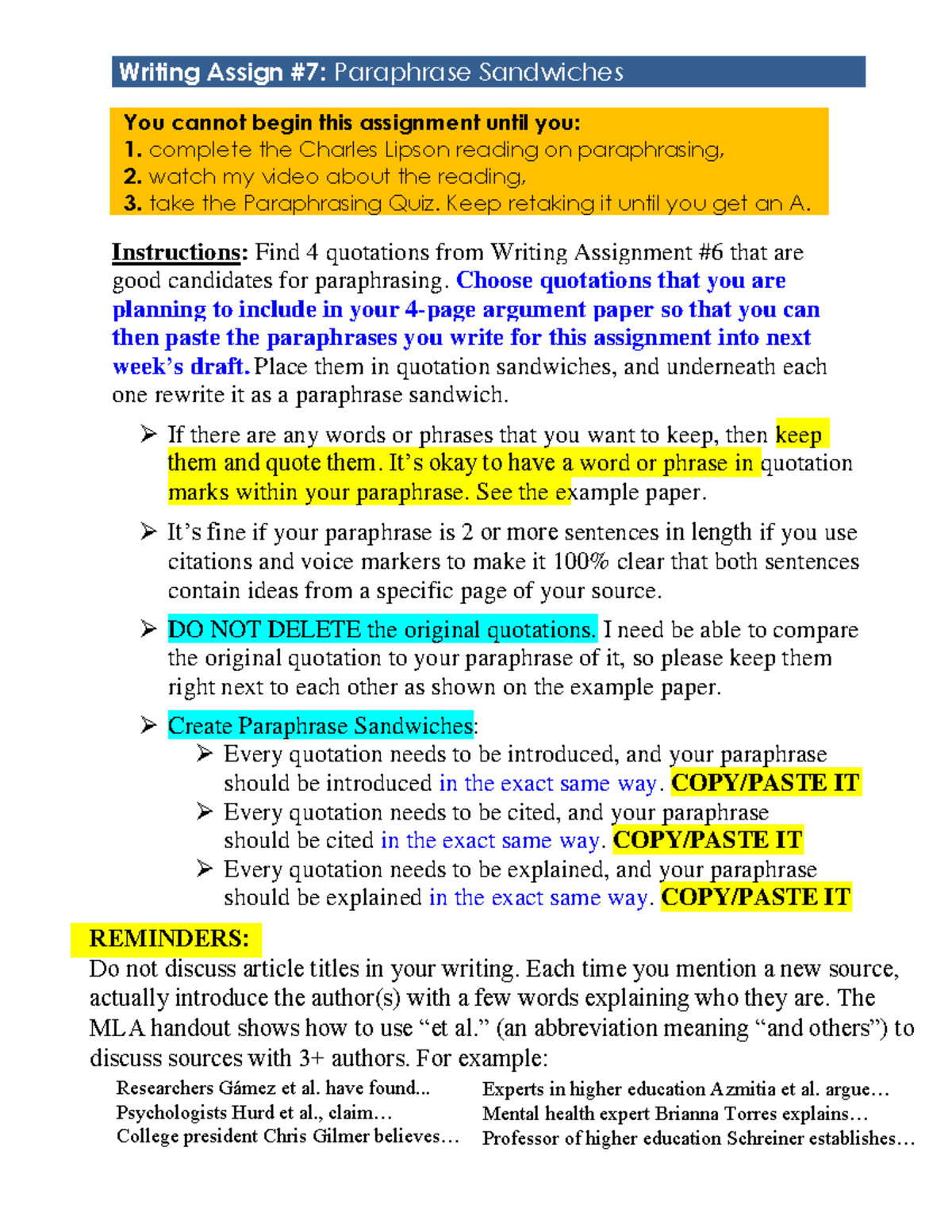 Writing Assignment #7 - For those that need a Paraphrase sandwich - Writing Assign #7 ...
