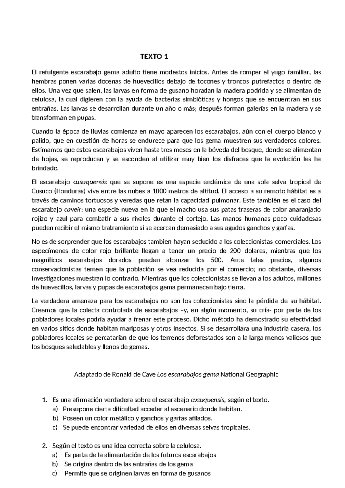 Textos Compension Lectora - TEXTO 1 El refulgente escarabajo gema ...