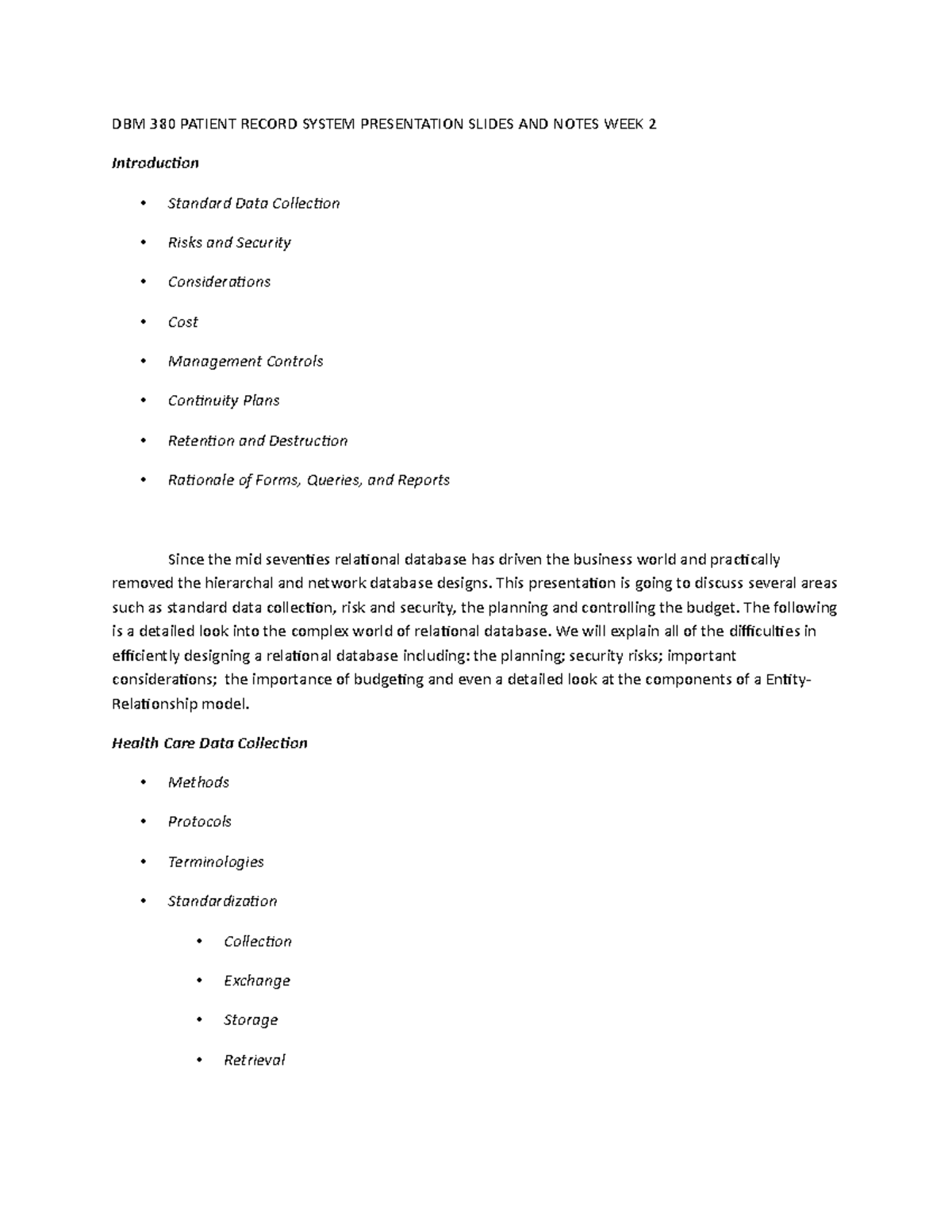 DBM 380 Patient Record System Presentation Slides AND Notes WEEK 2 ...