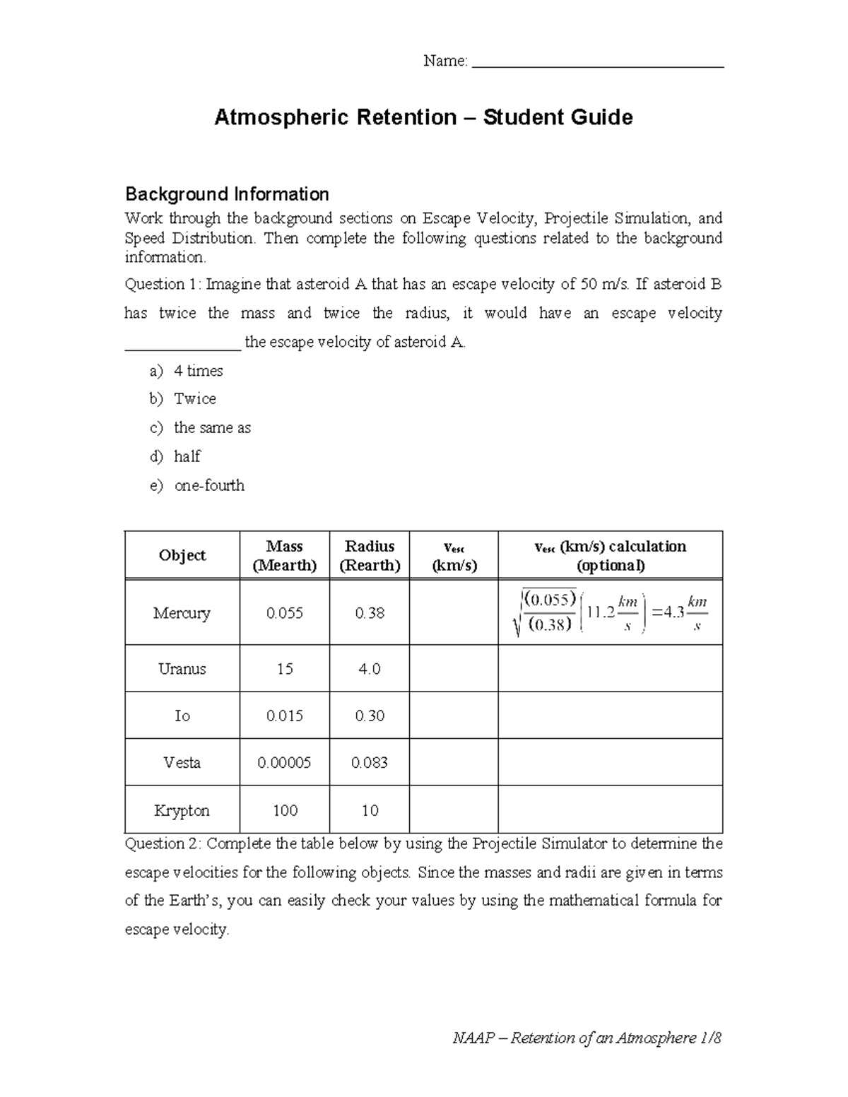 Lab 5 - Atmospheric Retention - Worksheet - Name: Atmospheric Retention ...