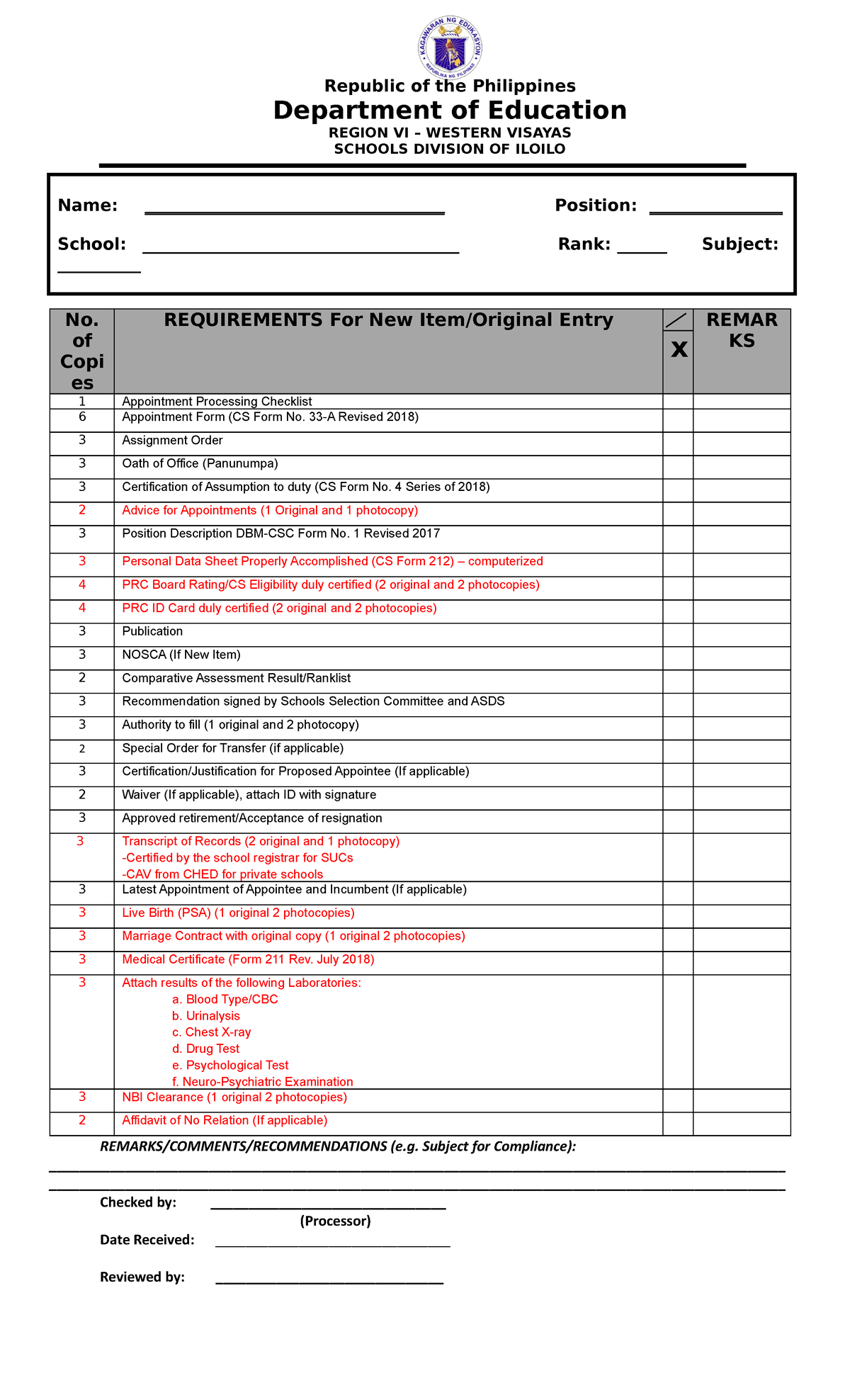 Requirements Checklist for new Item - Republic of the Philippines Department of Education REGION ...