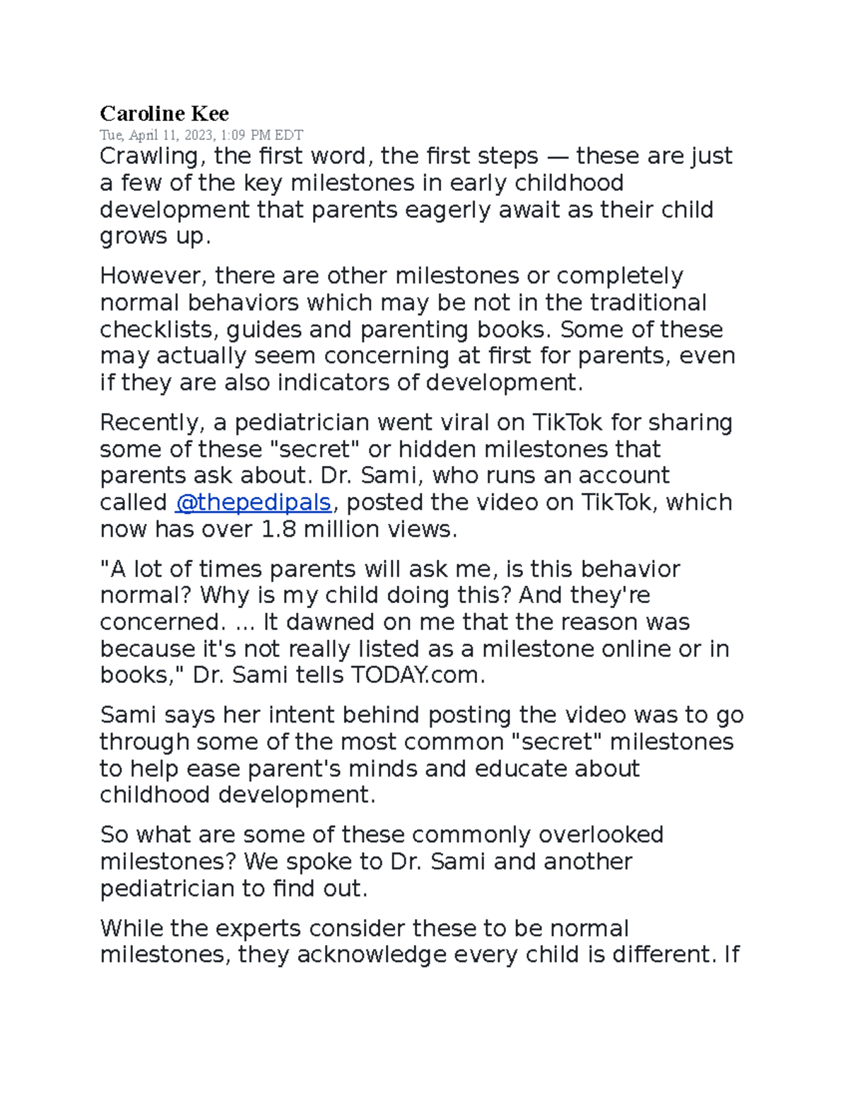 Development Milestones - Caroline Kee Tue, April 11, 2023, 1:09 PM EDT ...