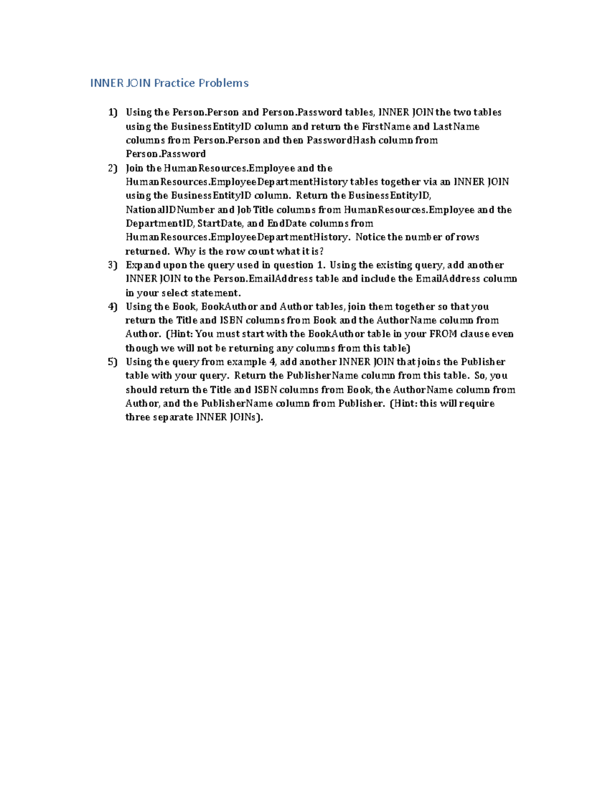 Inner+JOIN+Practice+Problems - INNER JOIN Practice Problems 1) Using ...