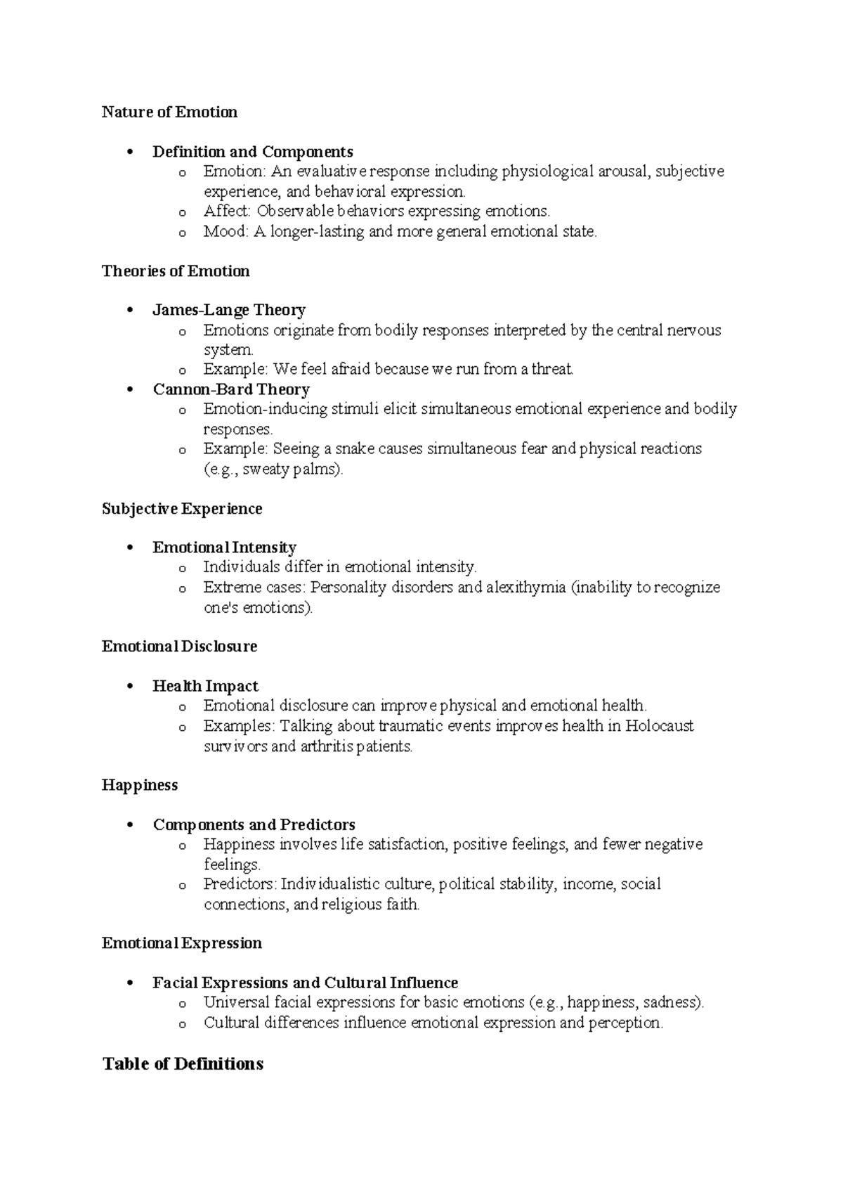 Nature of Emotion - Theories, Definitions, and Impacts - Week 7 Summary ...