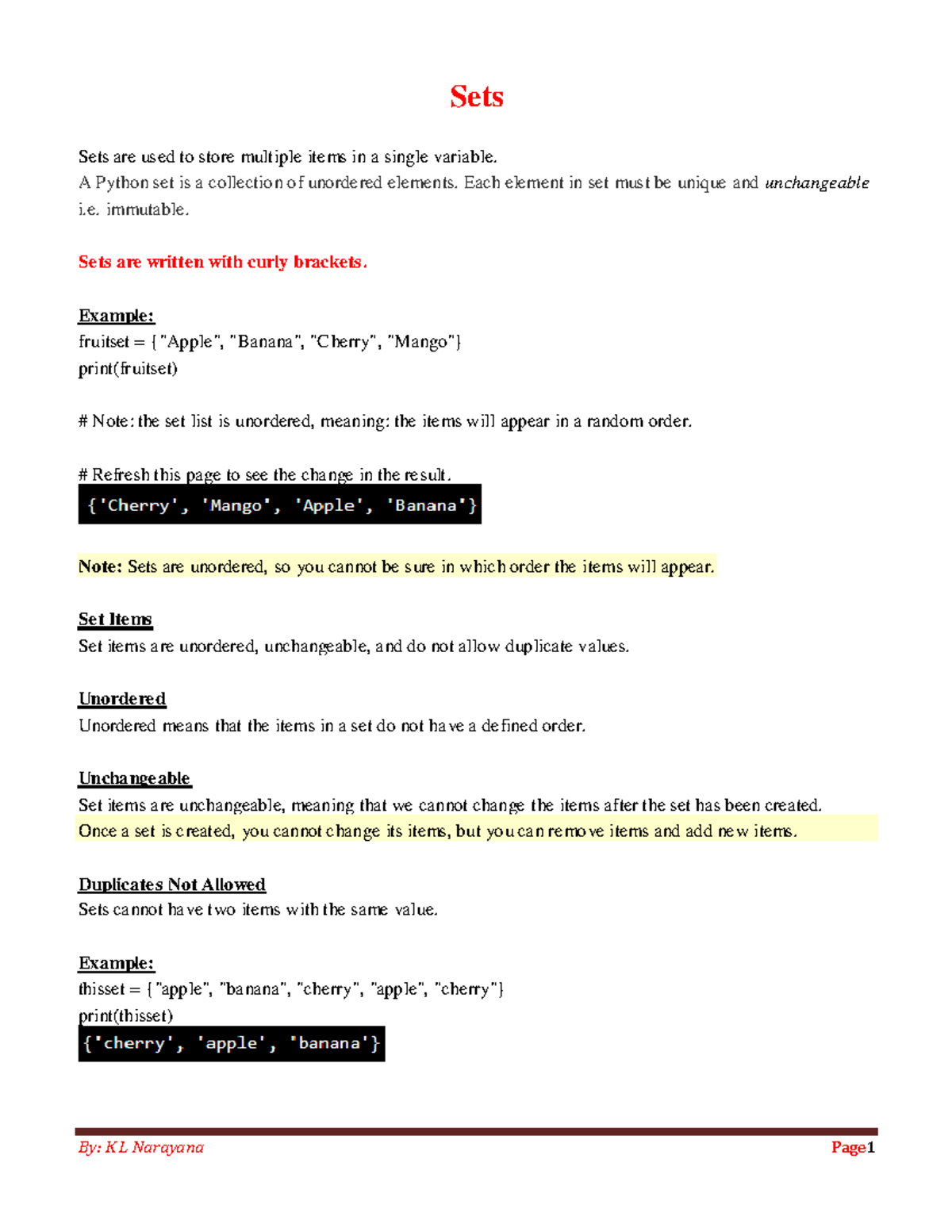 6-Sets-Simple - Simple python easy for revision - Sets Sets are used to ...