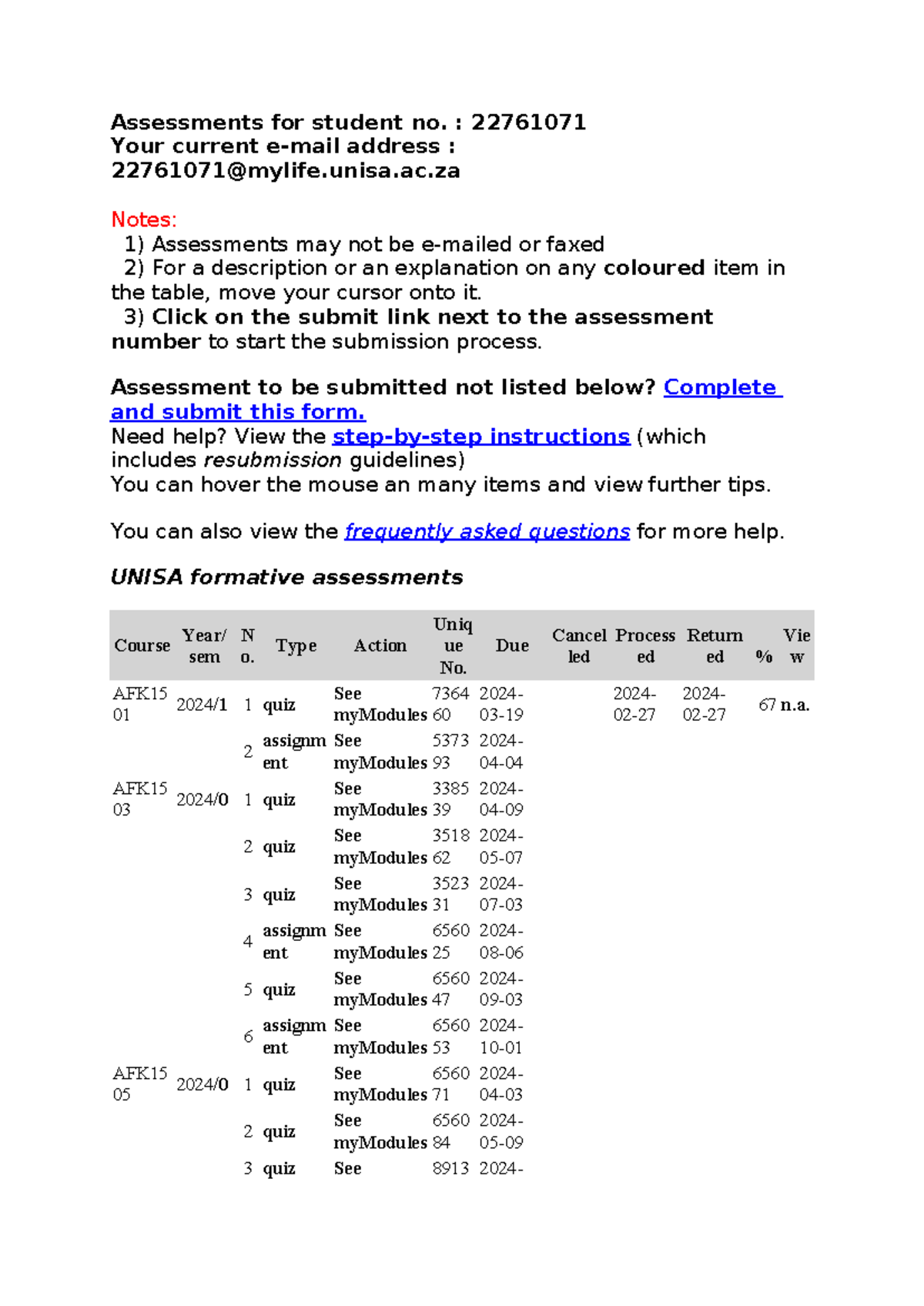 Assessments for student no - : 22761071 Your current e-mail address ...