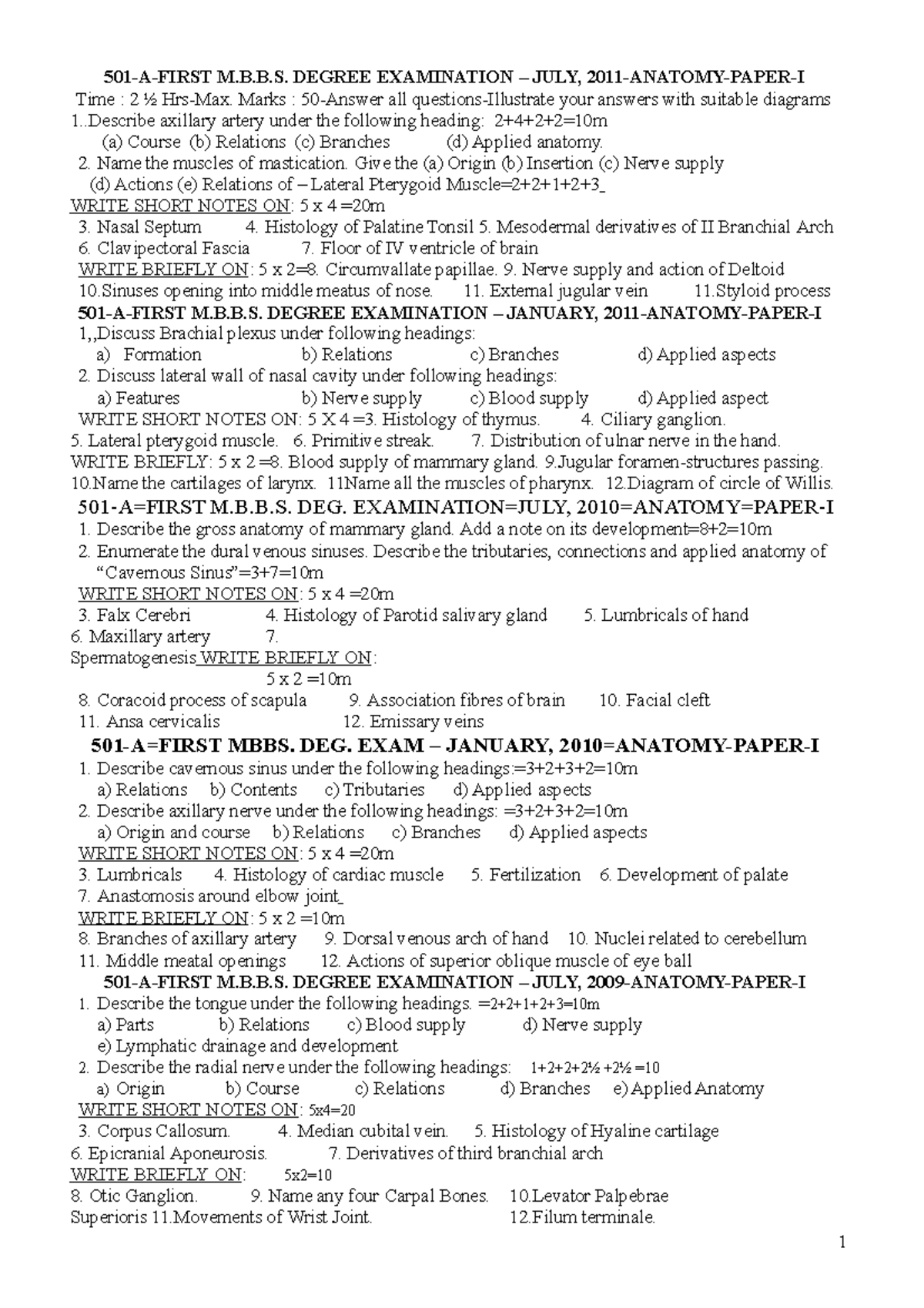 2007 2011 1st MBBS Q - 1 501-A-FIRST M.B.B. DEGREE EXAMINATION – JULY ...