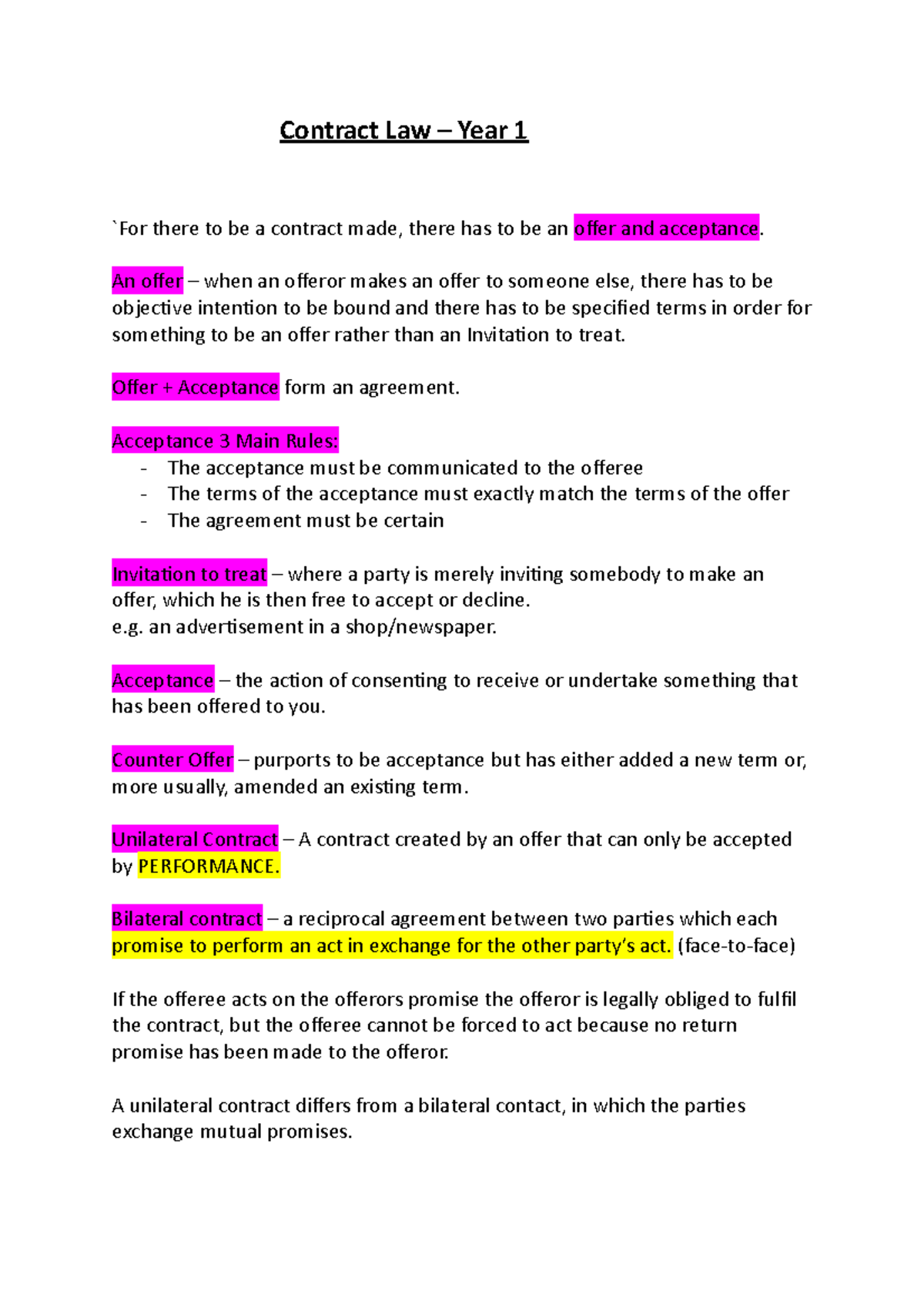 Contract Law Revision - Lecture notes 1-16 - Contract Law – Year 1 `For ...