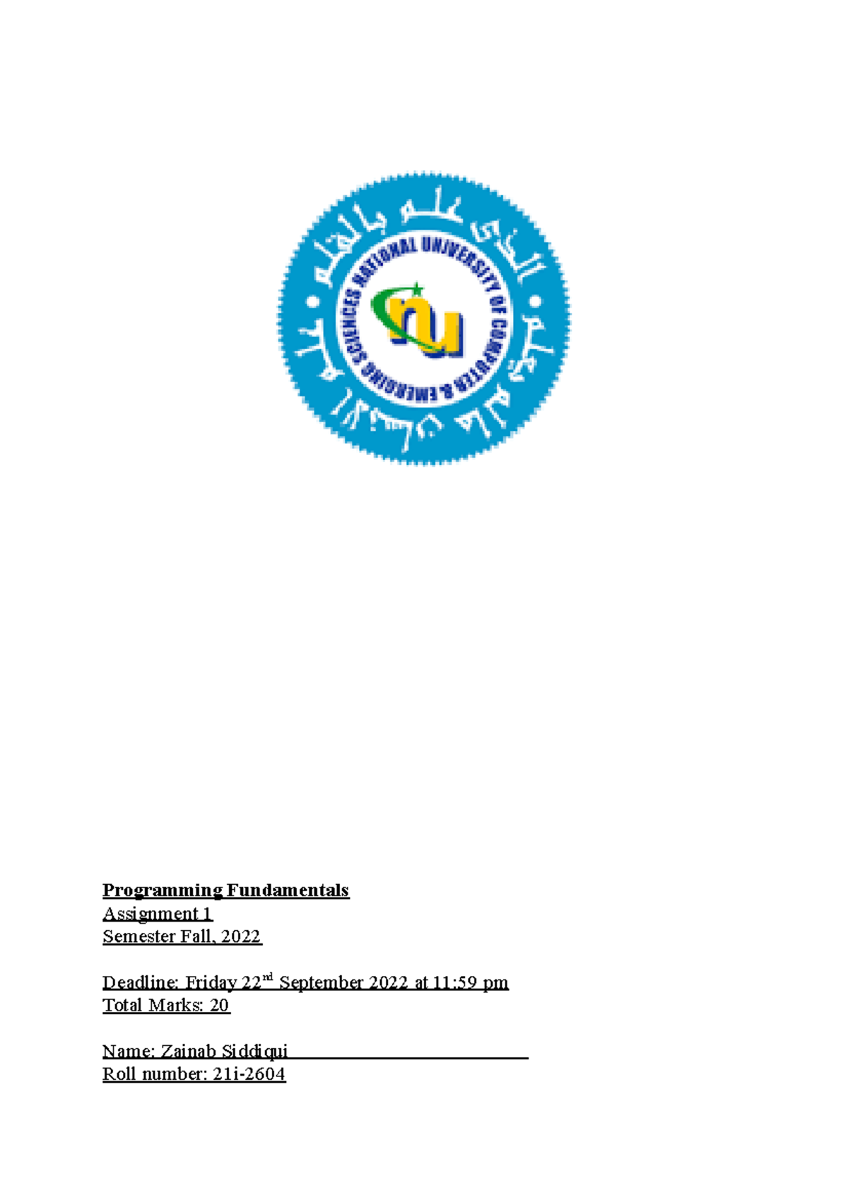 I212604 Zainab Siddiqui - Programming Fundamentals Assignment 1 ...