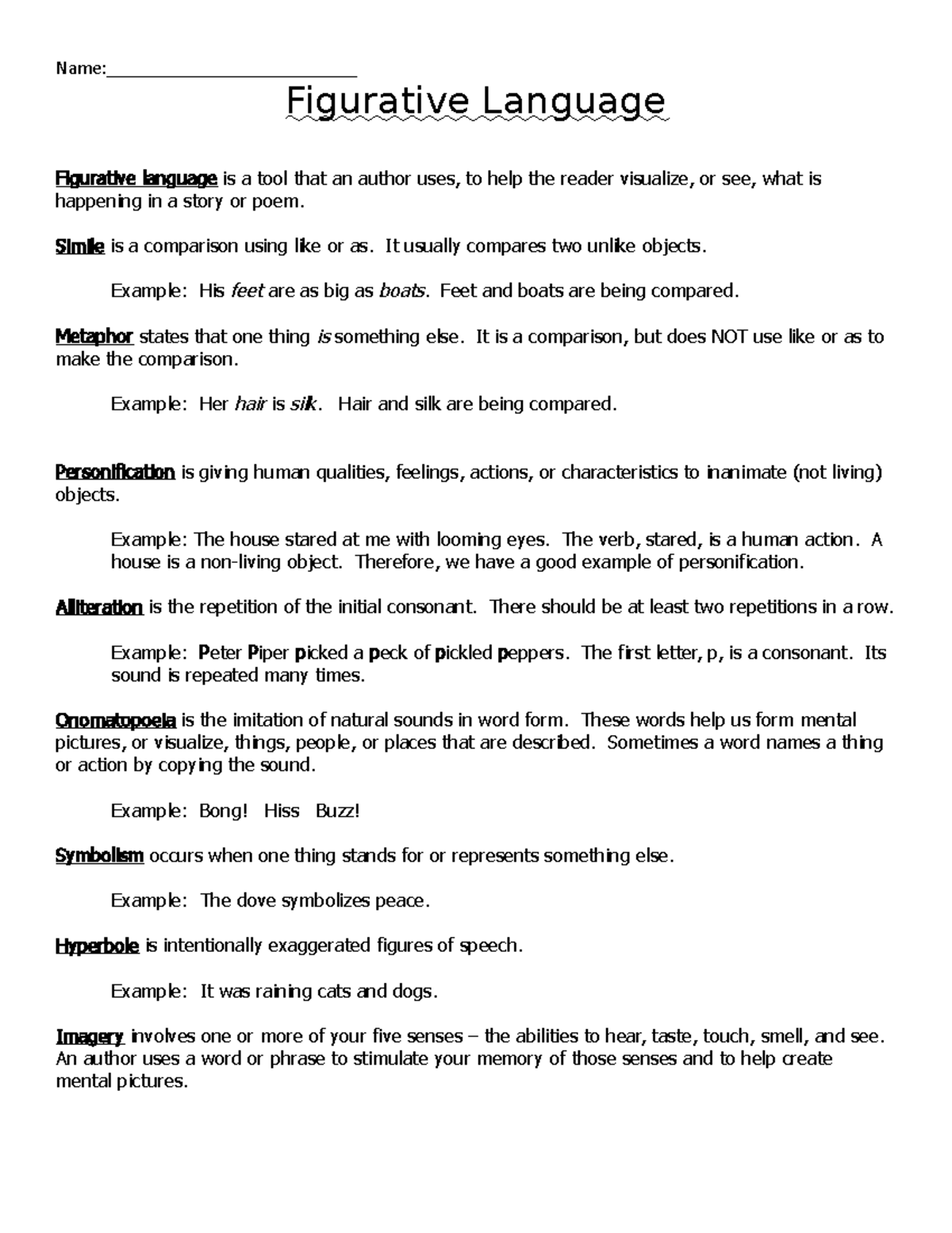 Figuative Language Packet - Name:___________________________ Figurative ...