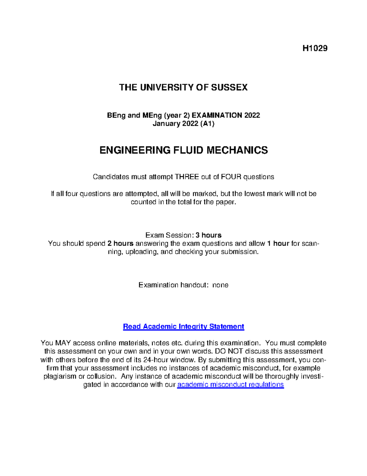 H1029 Engineering Fluid Mechanics Exam Paper January 2022 - H THE ...