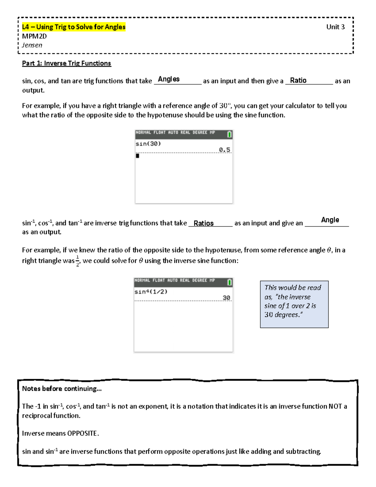 6.4 - hguogu - L 4 – Using Trig to Solve for Angles Unit 3 MPM2D Jensen ...