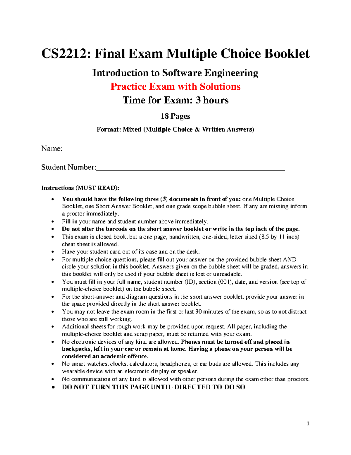 Practice Exam with Solutions - CS2212: Final Exam Multiple Choice ...