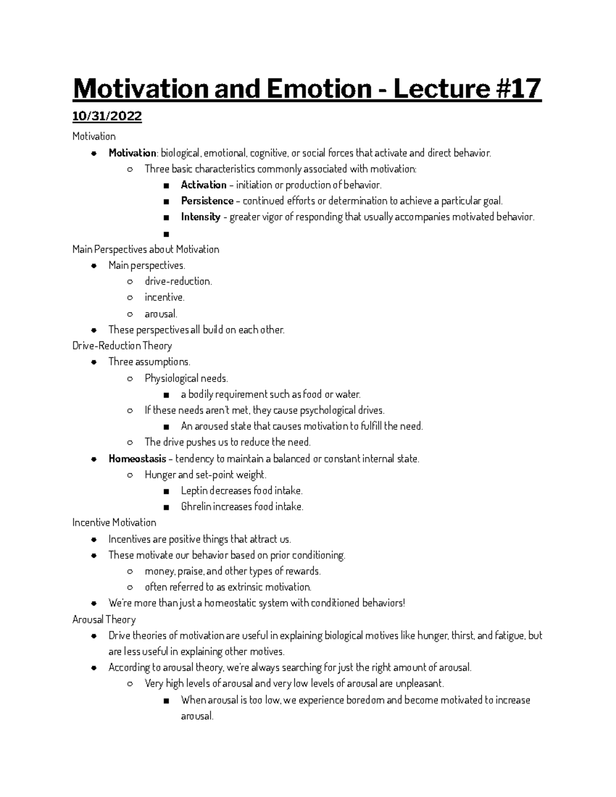 Motivation and Emotion - Lecture #17 - Motivation and Emotion - Lecture ...