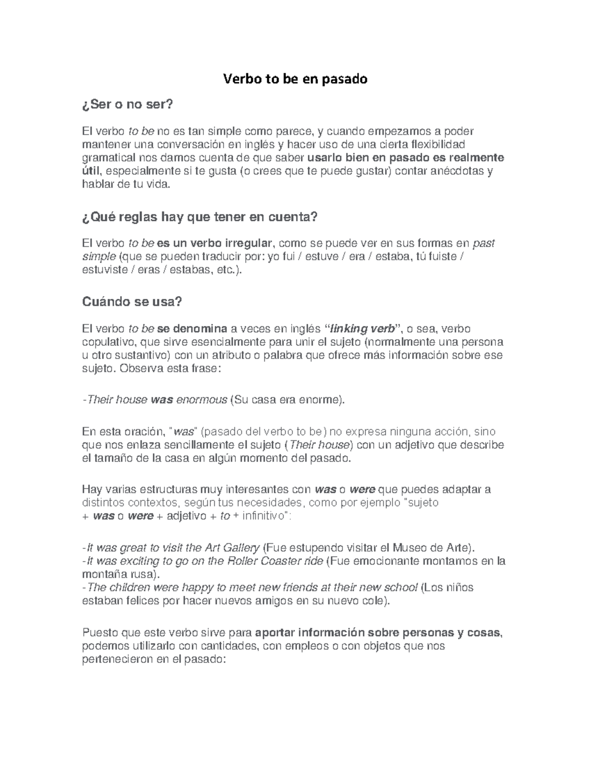 Verbo to be en pasado - Verbo to be en pasado ¿Ser o no ser? El verbo ...