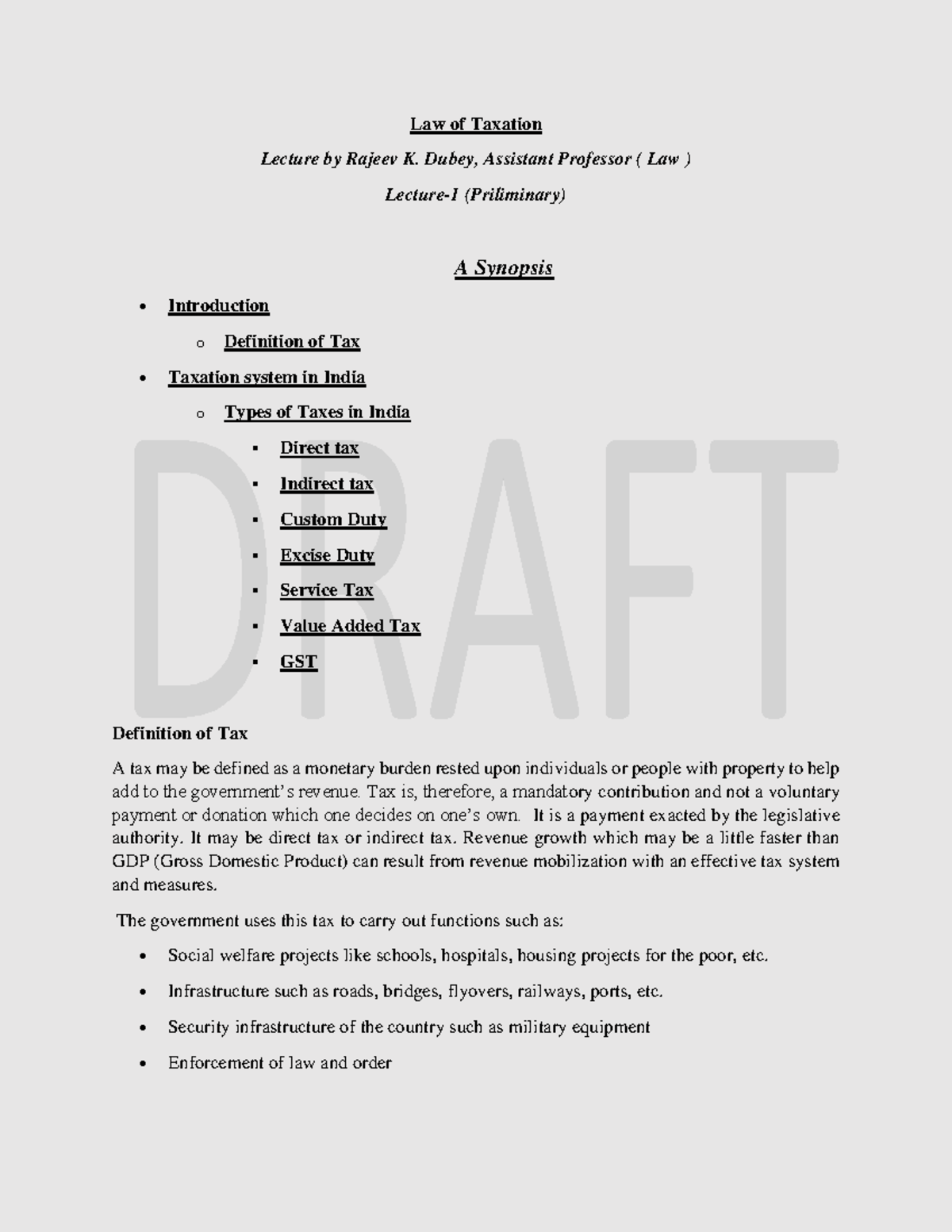 Lecture-1-pdf - Basics of Law of Taxation - Law of Taxation Lecture by ...