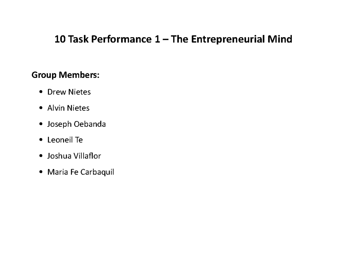 Entrep-10 Task Performance 1 - 10 Task Performance 1 – The ...
