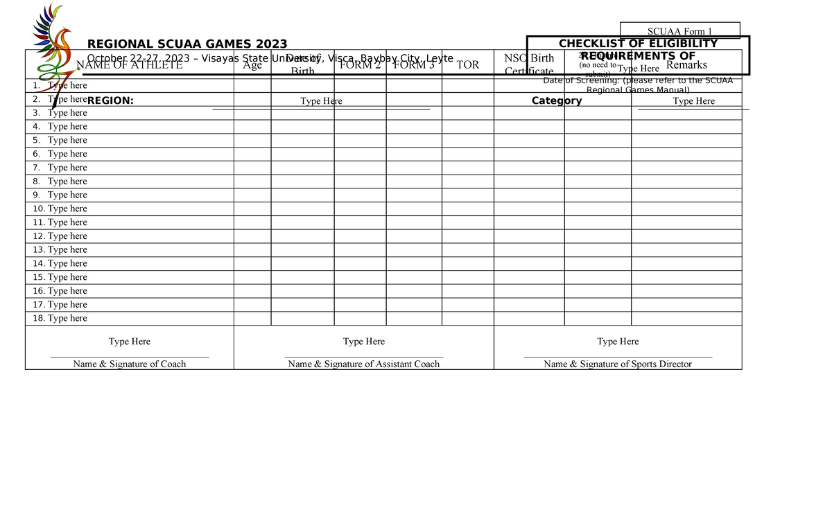 Form 1 Checklist New 2 - none - NAME OF ATHLETE Age Date of Birth FORM ...