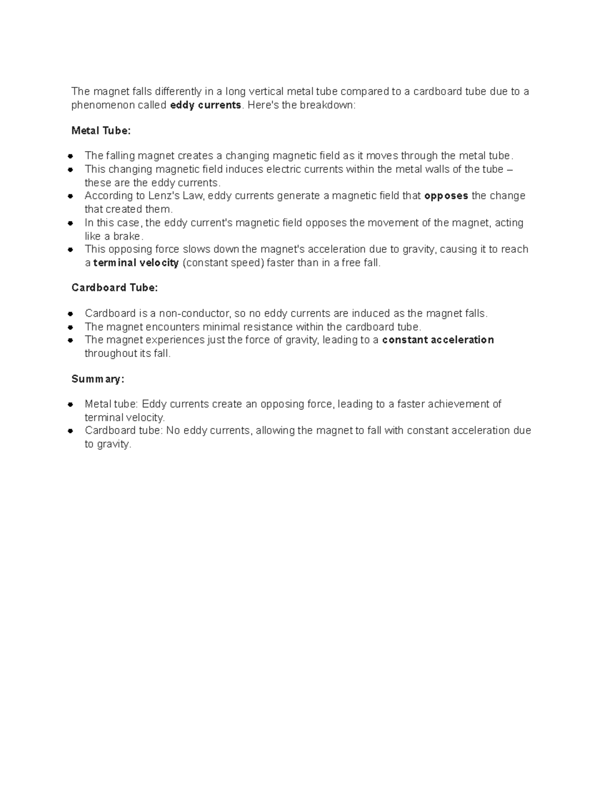 Why wthe magnet fall differently inside a long ver - The magnet falls ...