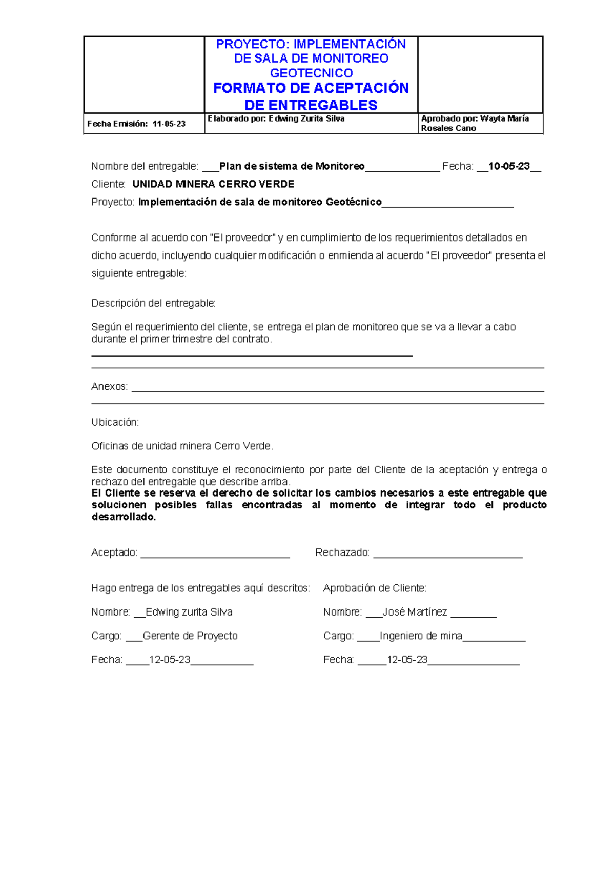 Formato de aceptacion de entregables - Nombre del entregable: Plan de sistema de Monitoreo ...