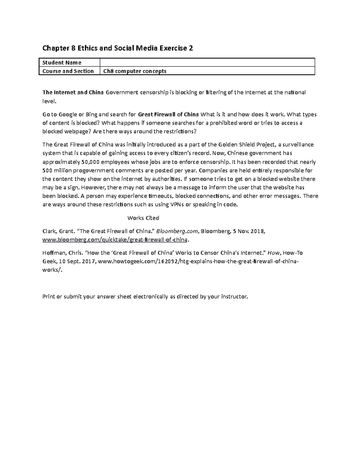 Ch8 computer concepts essay 2 - Chapter 8 Ethics and Social Media Exercise 2 Student Name Course ...