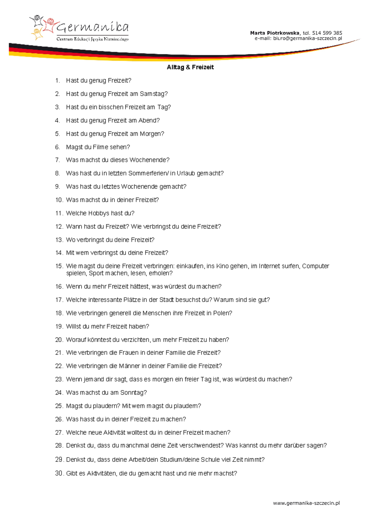Alltag i Freizeit sprechen - Marta Januszewska, tel. 514 599 385 e-mail ...