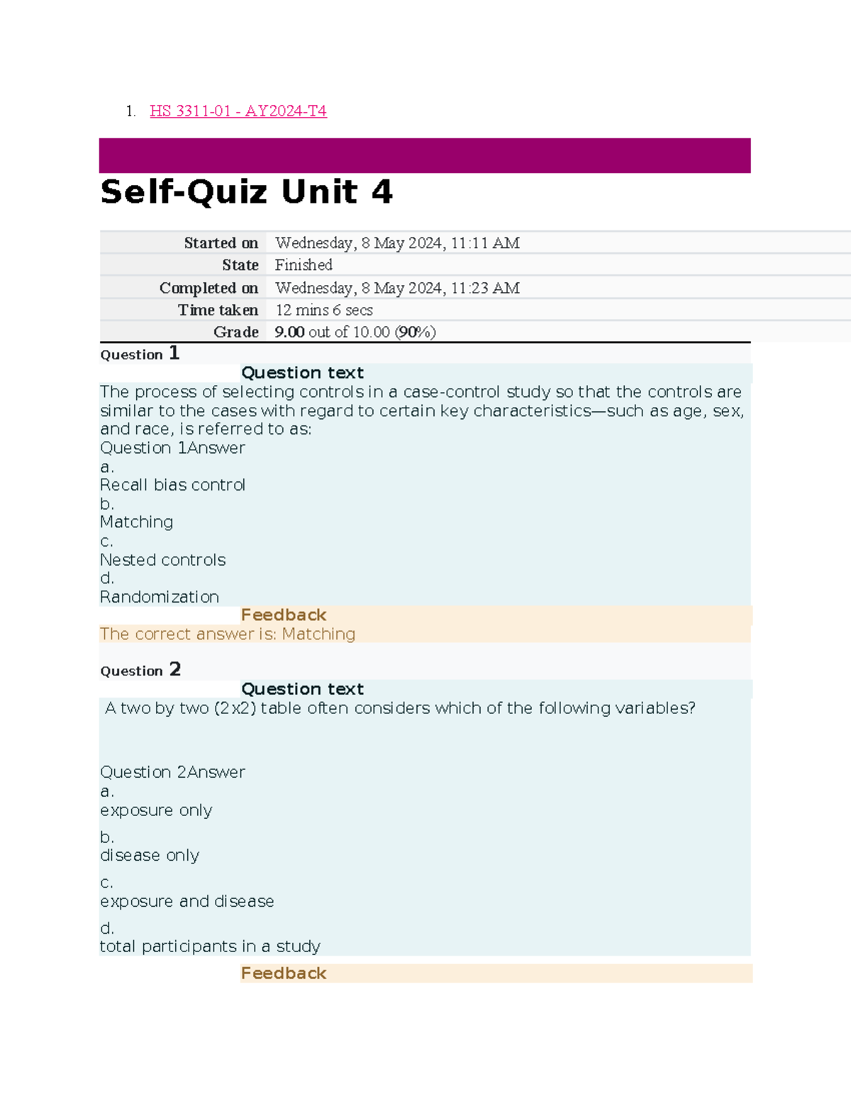 HS 3311 Sef Quiz 4 - Self Quiz Unit 4 - 1. HS 3311-01 - AY2024-T Self-Quiz Unit 4 Started on ...