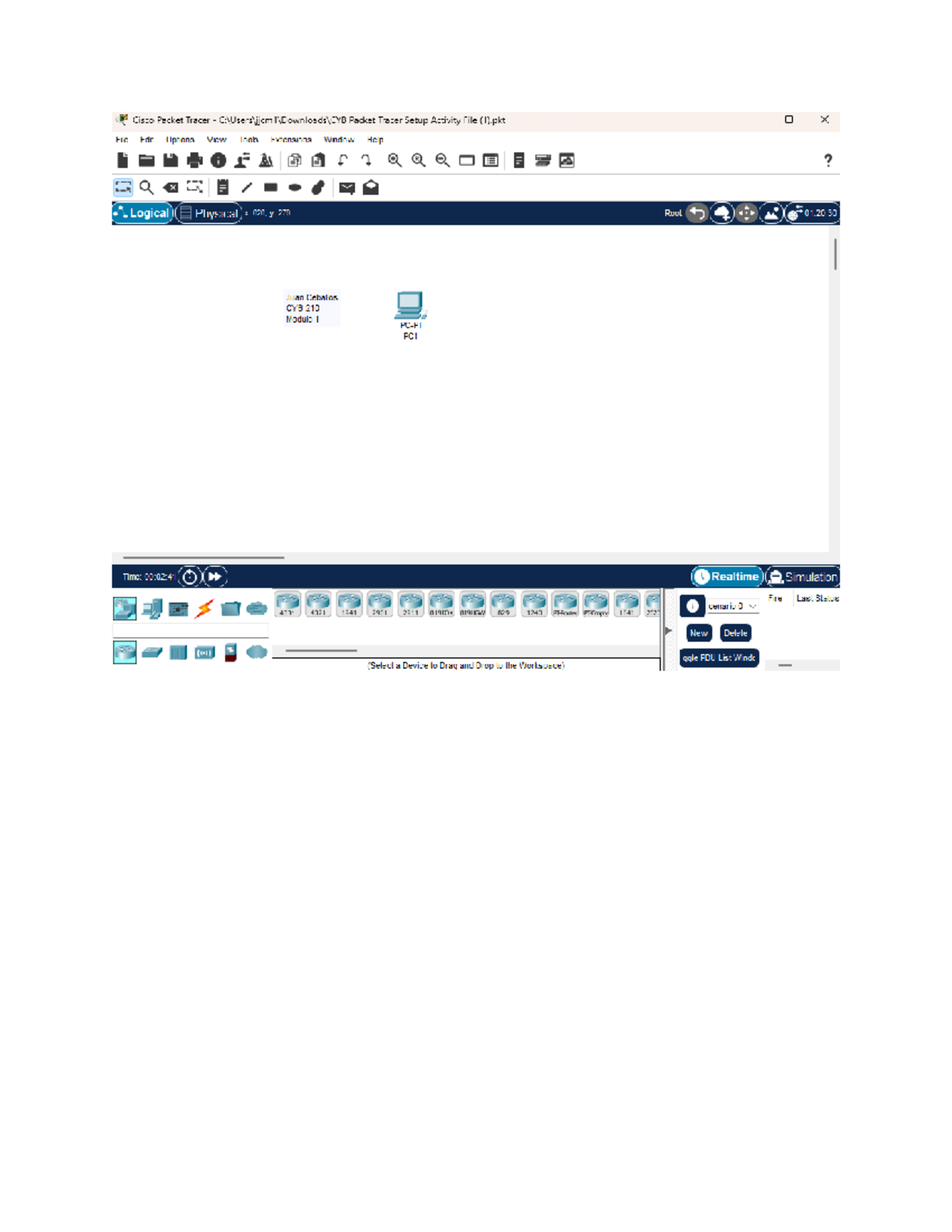 Module 1 - Cisco Packet Tracer Packet Tracer Setup Activity File (1).pkt X File Edit Options ...