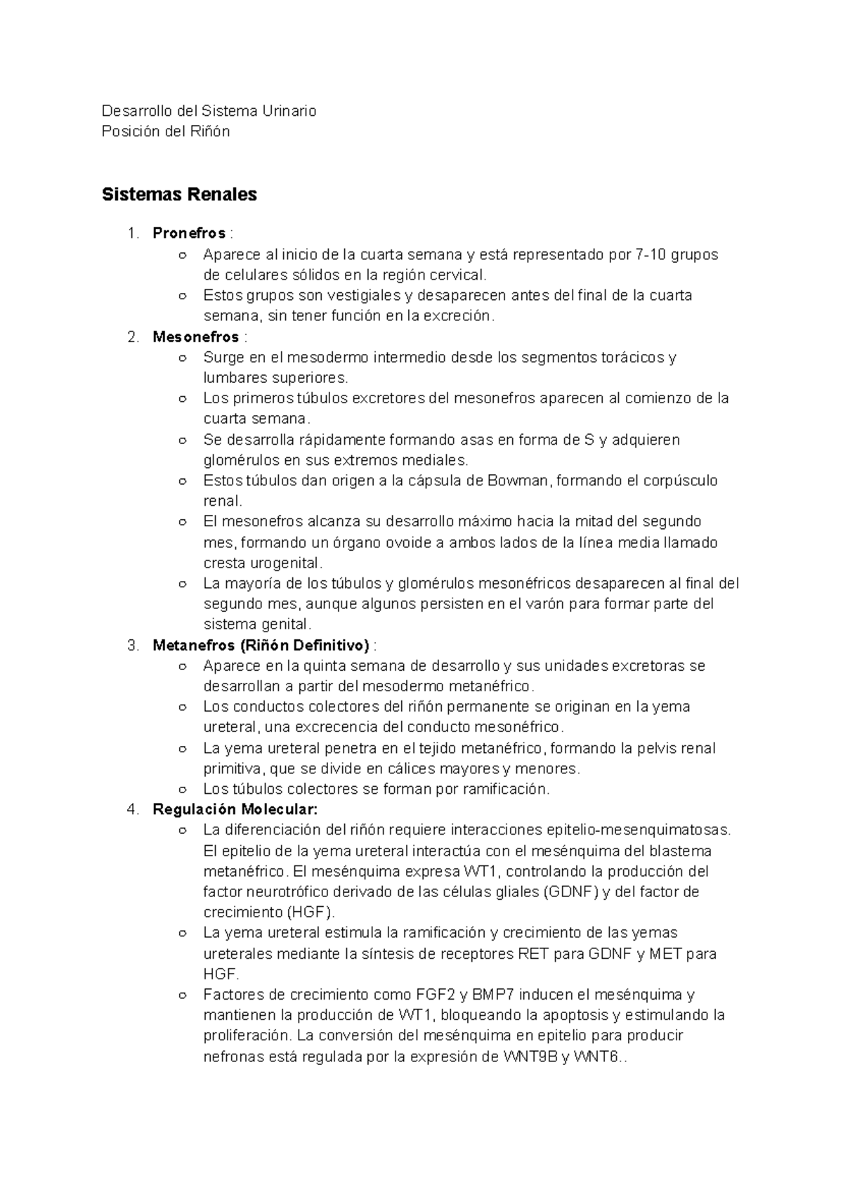 Resumen Morfo - Desarrollo del Sistema Urinario Posición del Riñón ...