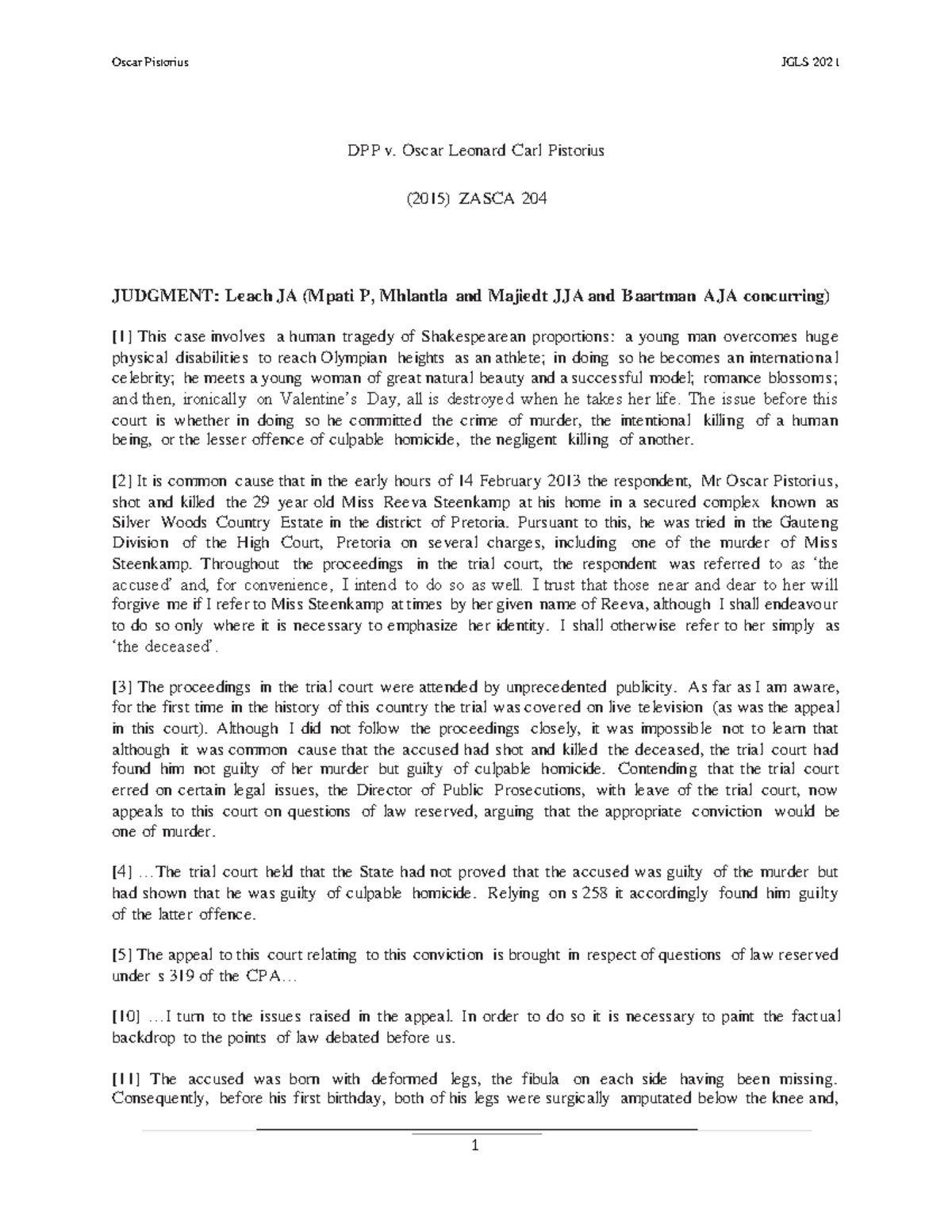 Oscar Pistorious Case - Case brief - DPP v. Oscar Leonard Carl ...