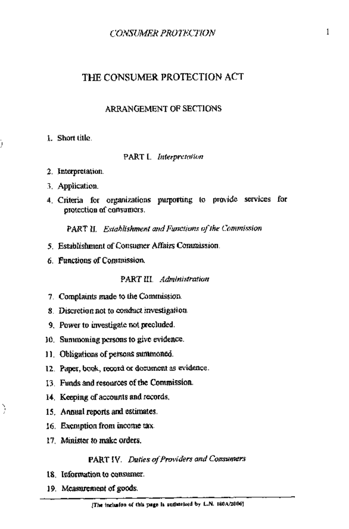 Cpa(1986) - Notes on CPA - THE CONSUMER PROTECTION ACT ARRANGEMENT OF ...