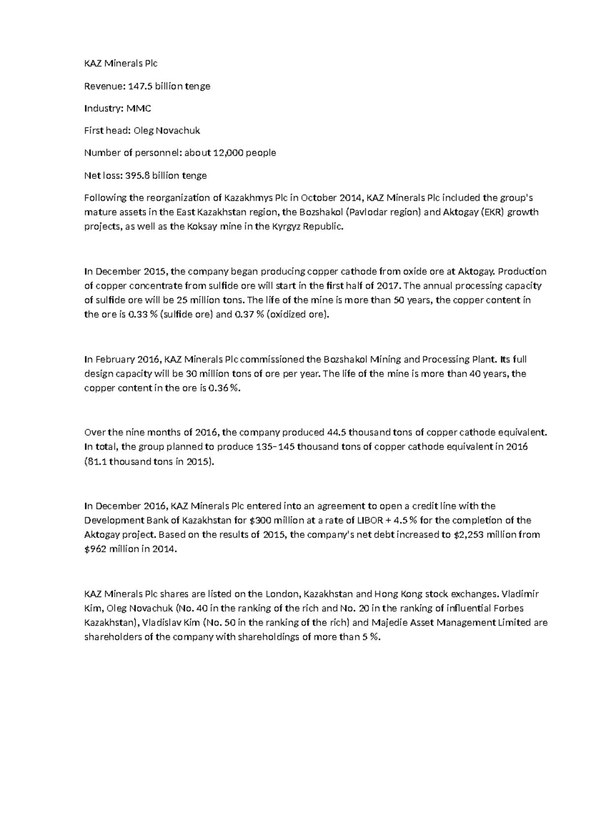 Task1 - KAZ Minerals Plc Revenue: 147 billion tenge Industry: MMC First ...