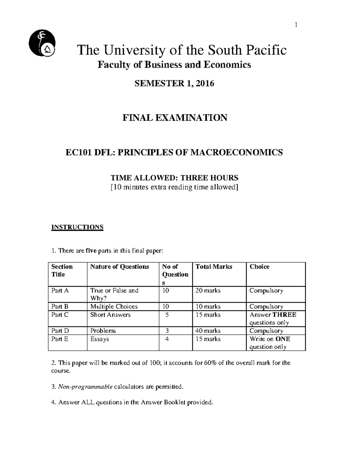 EC101 Exam 2016 - Just an exam paper, need your response to answers ...