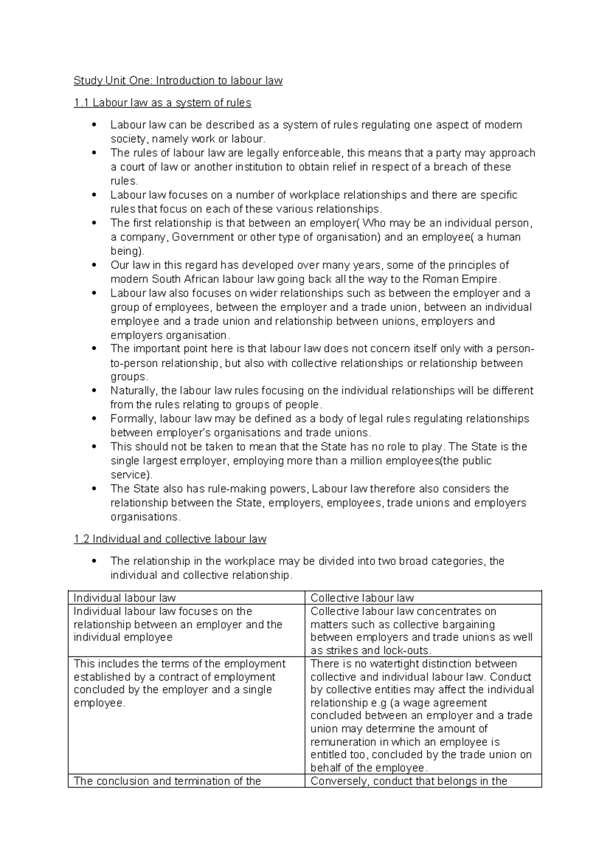 Labour Law Notes - Study Unit One: Introduction to labour law 1 Labour ...
