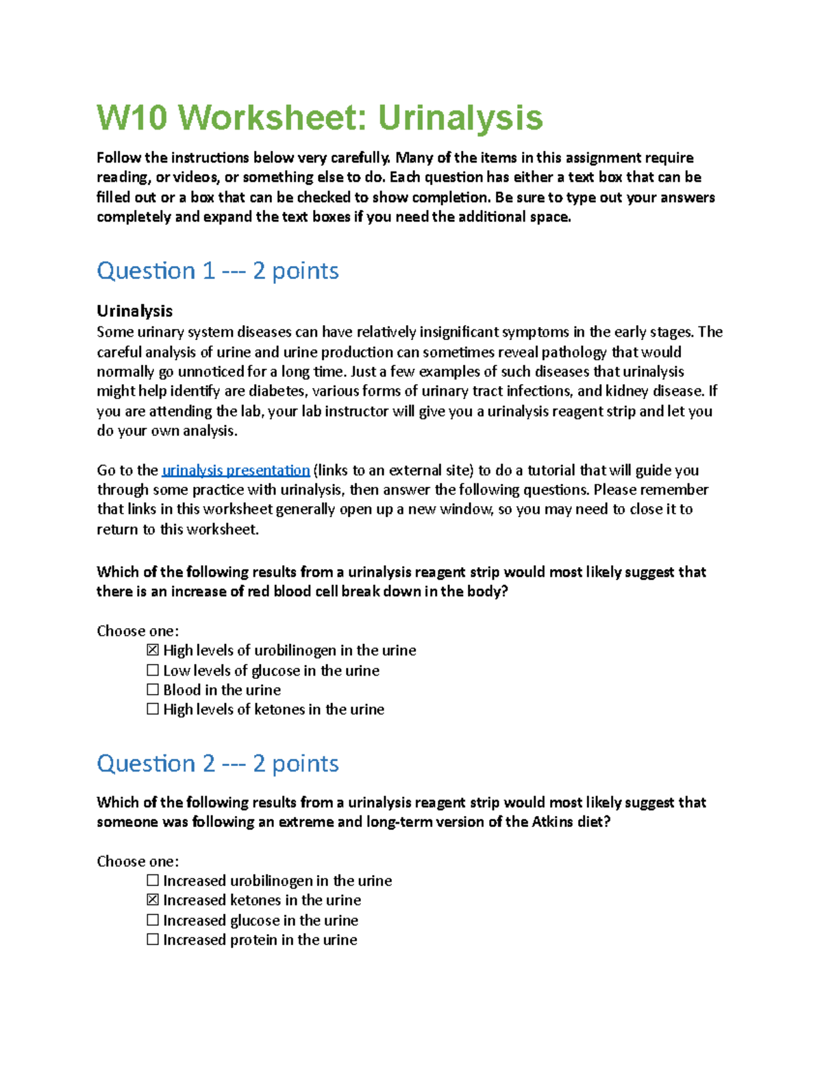 Bio265l.. document W10 Worksheet Urinalysis-1 - W10 Worksheet ...