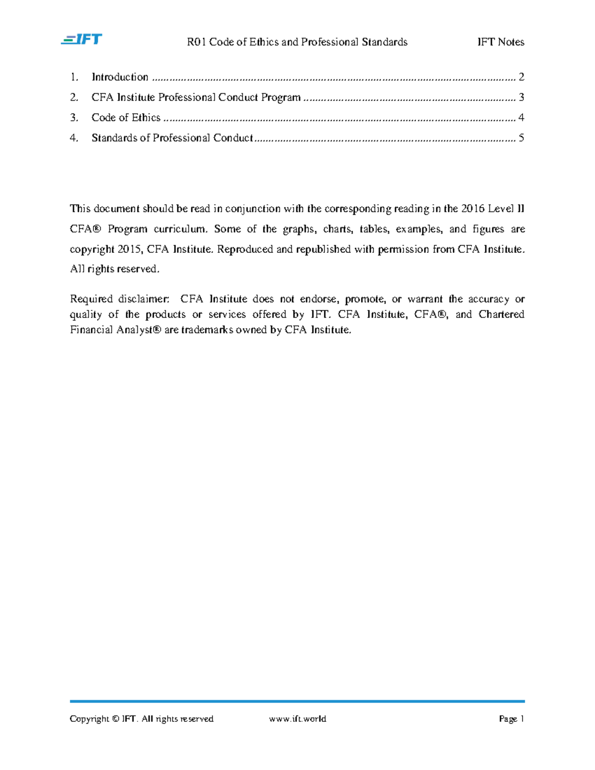 R01 Code of Ethics and Professional Standards IFT Notes - Introduction ...