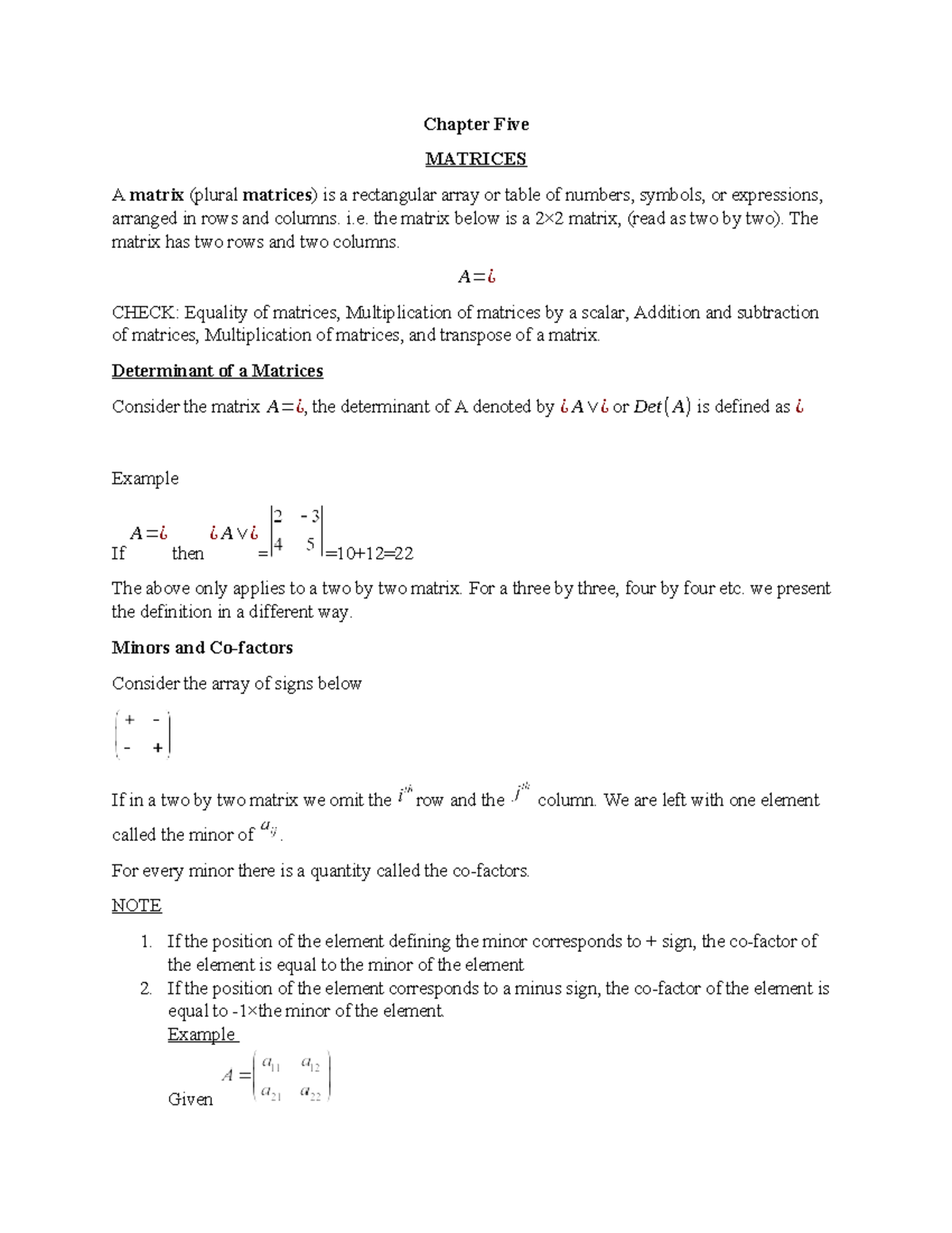 Matrices Lecture Notes Chapter Five Matrices A Matrix Plural