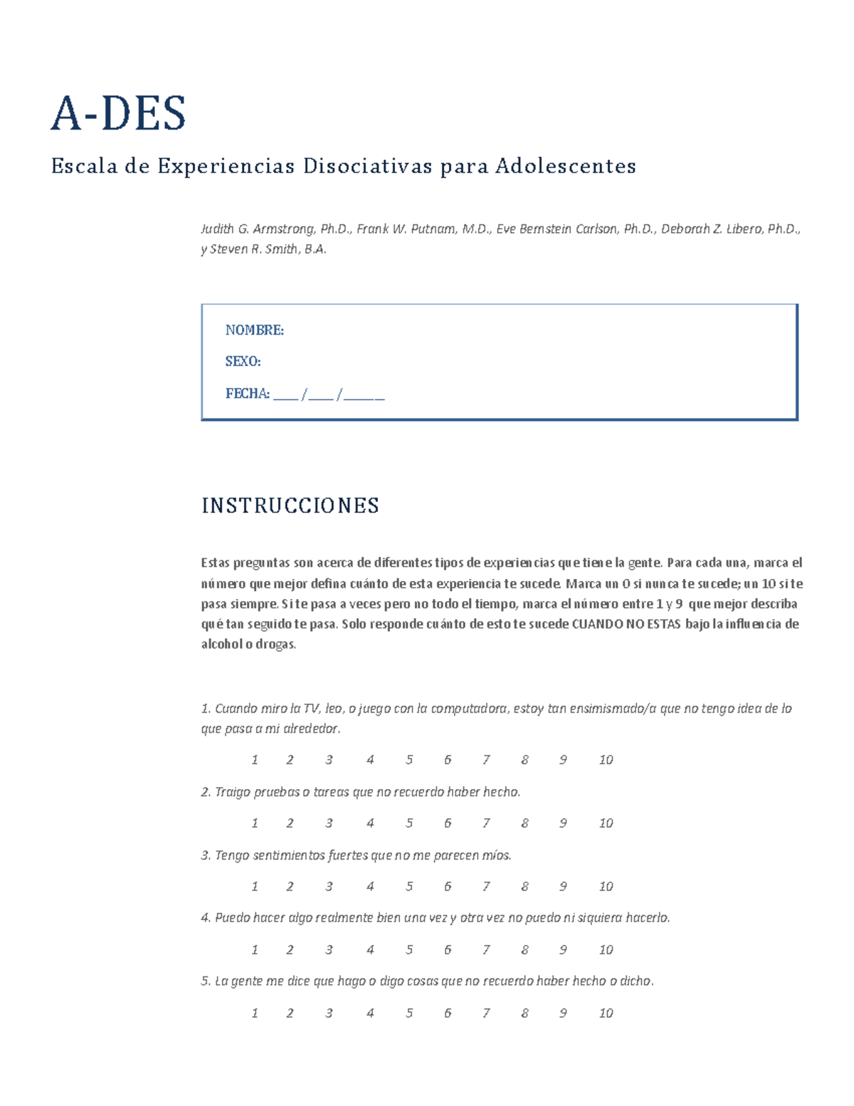 Dissociative Experiences Scale-Adolescentes - A-DES Escala de ...