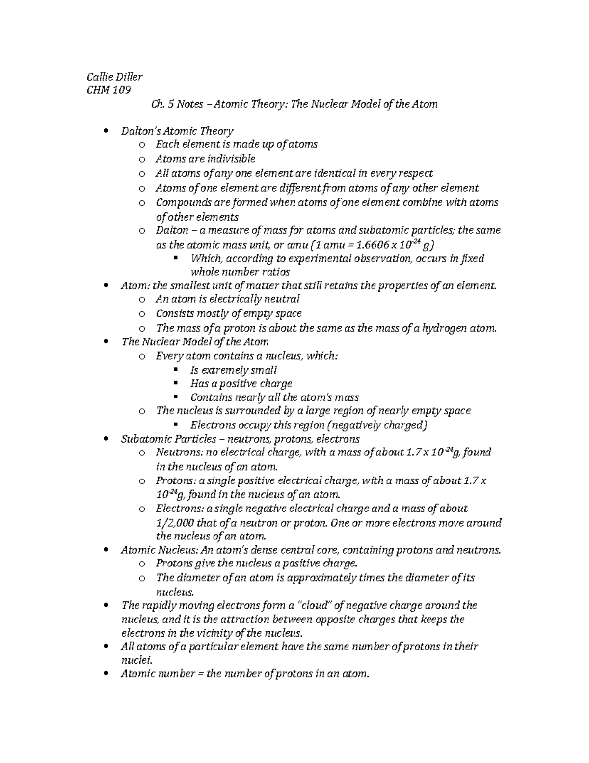 CHM 109 - Ch. 5 Notes - Professor: Rachel Driscoll - Callie Diller CHM ...