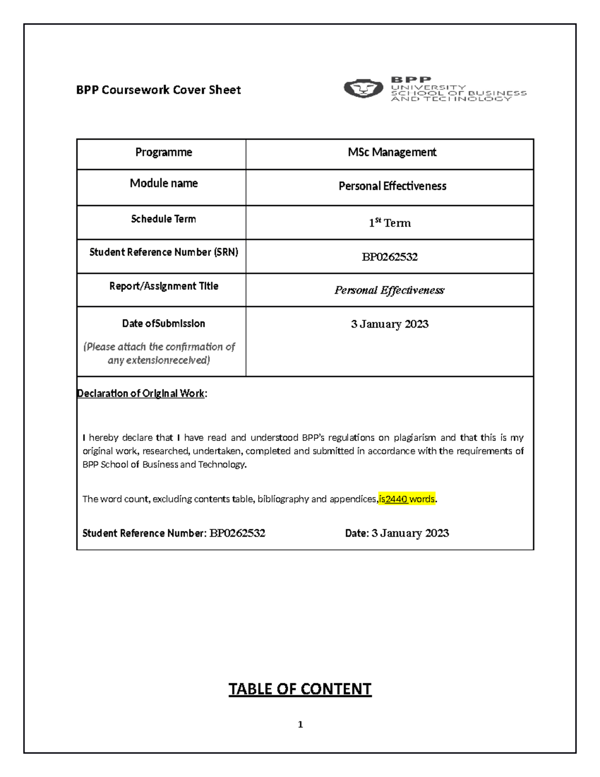 Mark Z. - LEading through disruption - BPP Coursework Cover Sheet Programme MSc Management ...