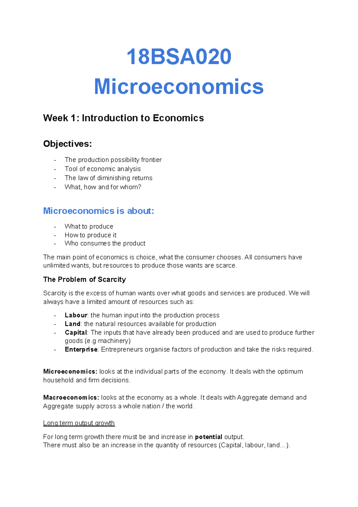 Microeconomics Introduction - 18BSA020 Microeconomics Week 1 ...
