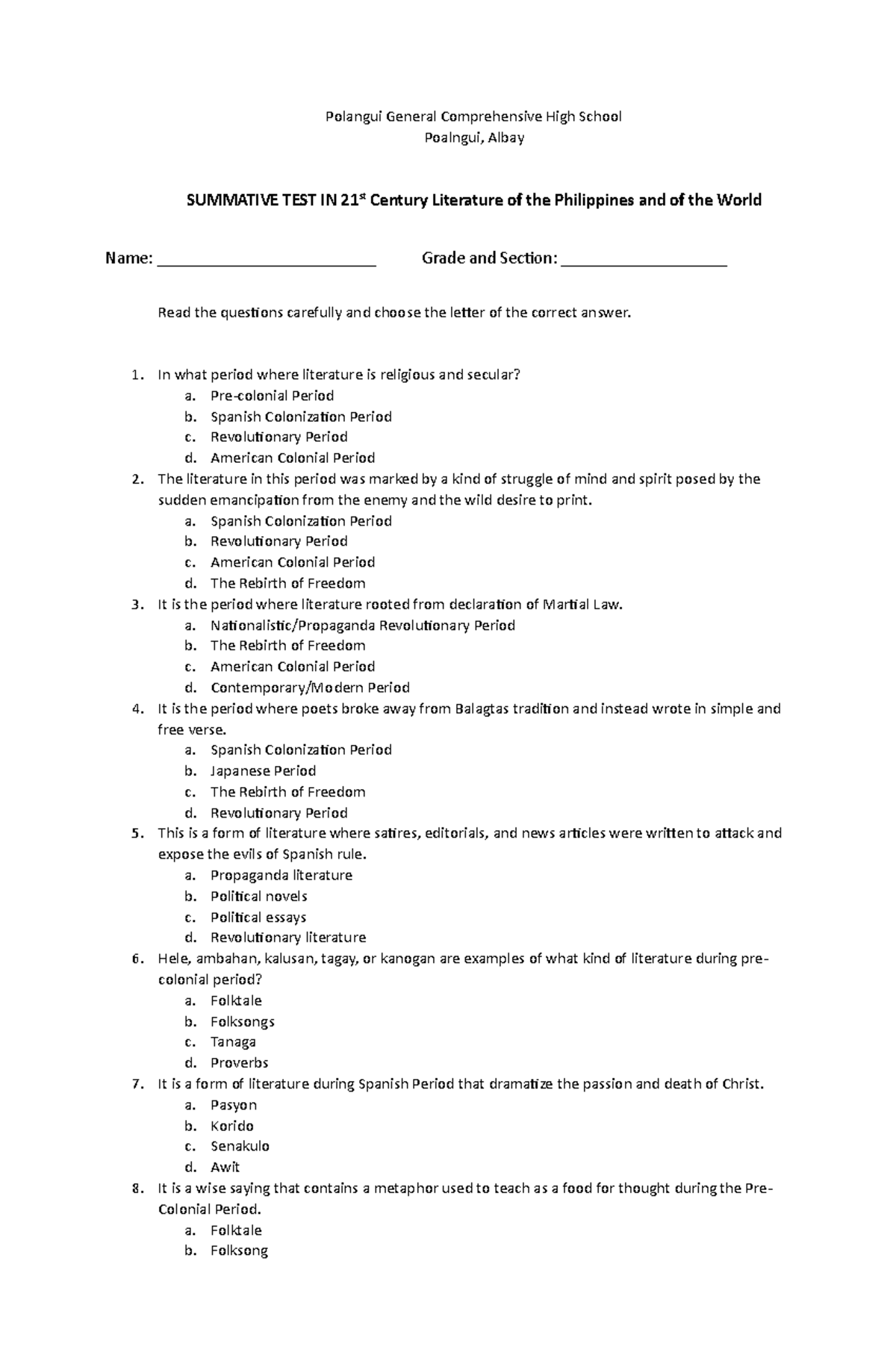 21st Century Lit Summativetest - Polangui General Comprehensive High ...