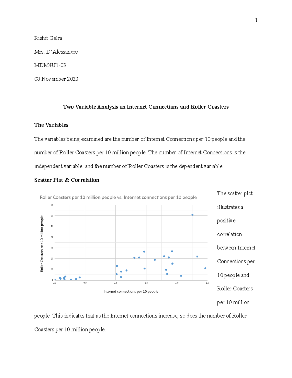 Two Variable Analysis on Internet Connections and Roller Coasters - 1 Rishit Gelra Mrs. D ...