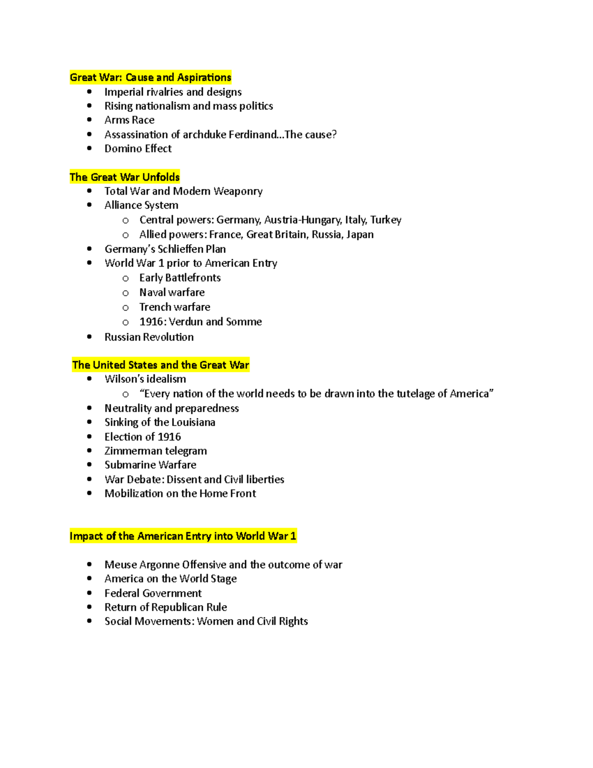 History 212 Test 2 Notes - Great War: Cause and Aspirations Imperial ...