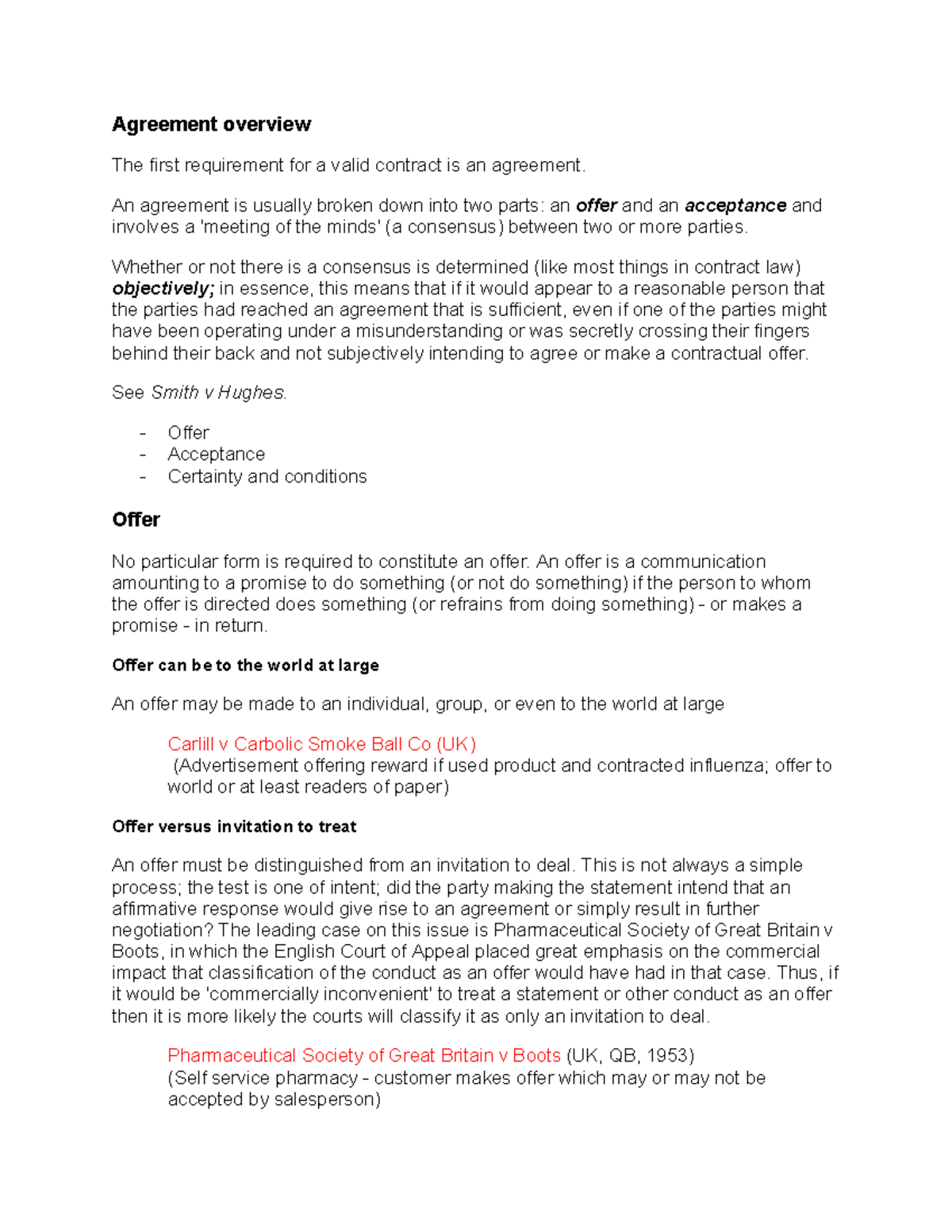 Contract Law Notes and Principles - Agreement overview The first ...