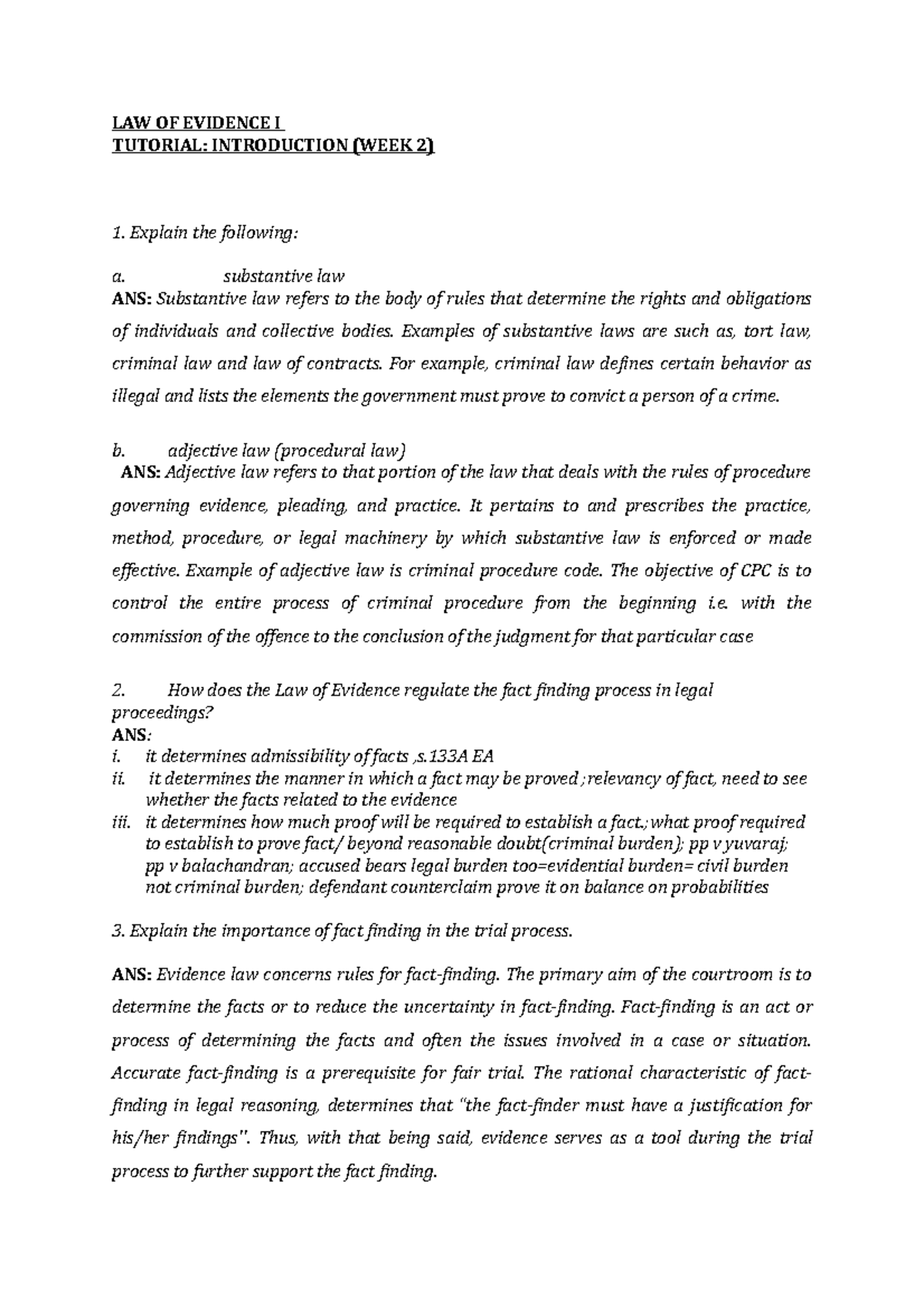 Tutorial WEEK 2 Edited - LAW OF EVIDENCE I TUTORIAL: INTRODUCTION (WEEK ...