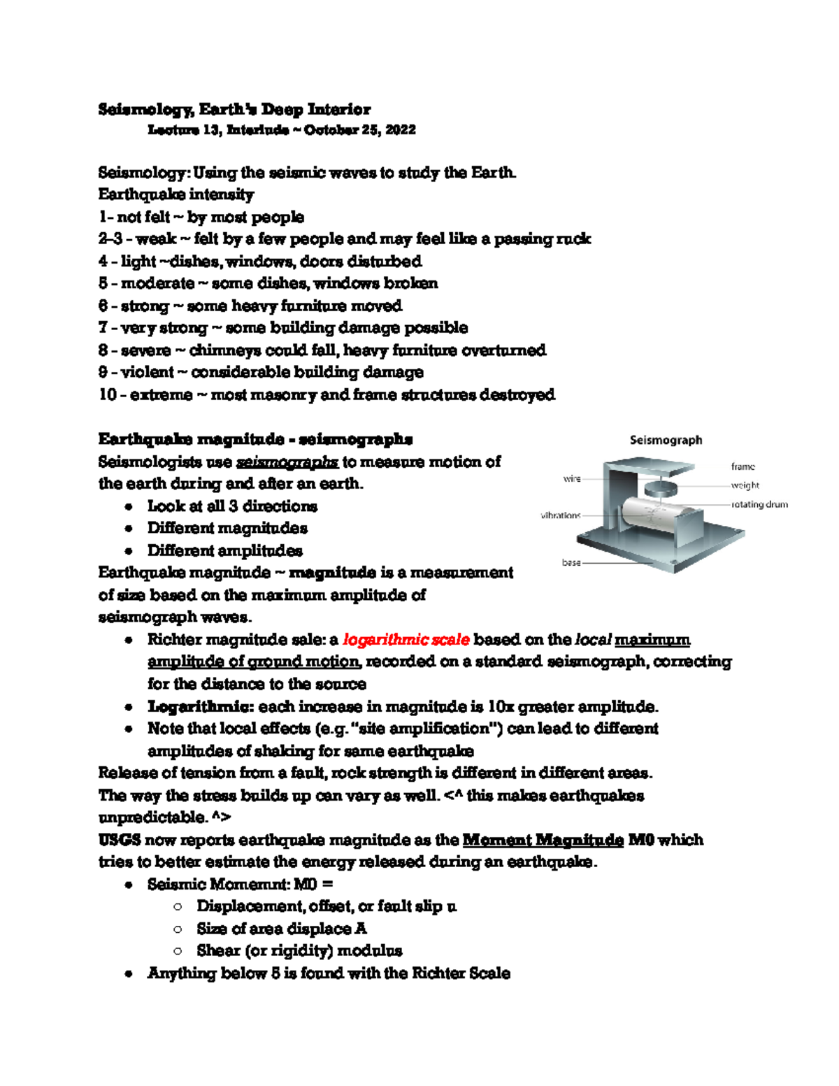 Intro to Geology Lecture Notes Day 19 - Seismology, Ear th’s Deep Inter ...