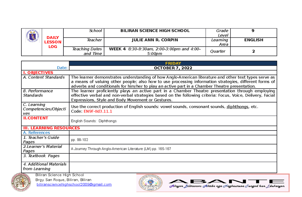 Daily Lesson Plan - Explicit Teaching Method - DAILY LESSON LOG School ...